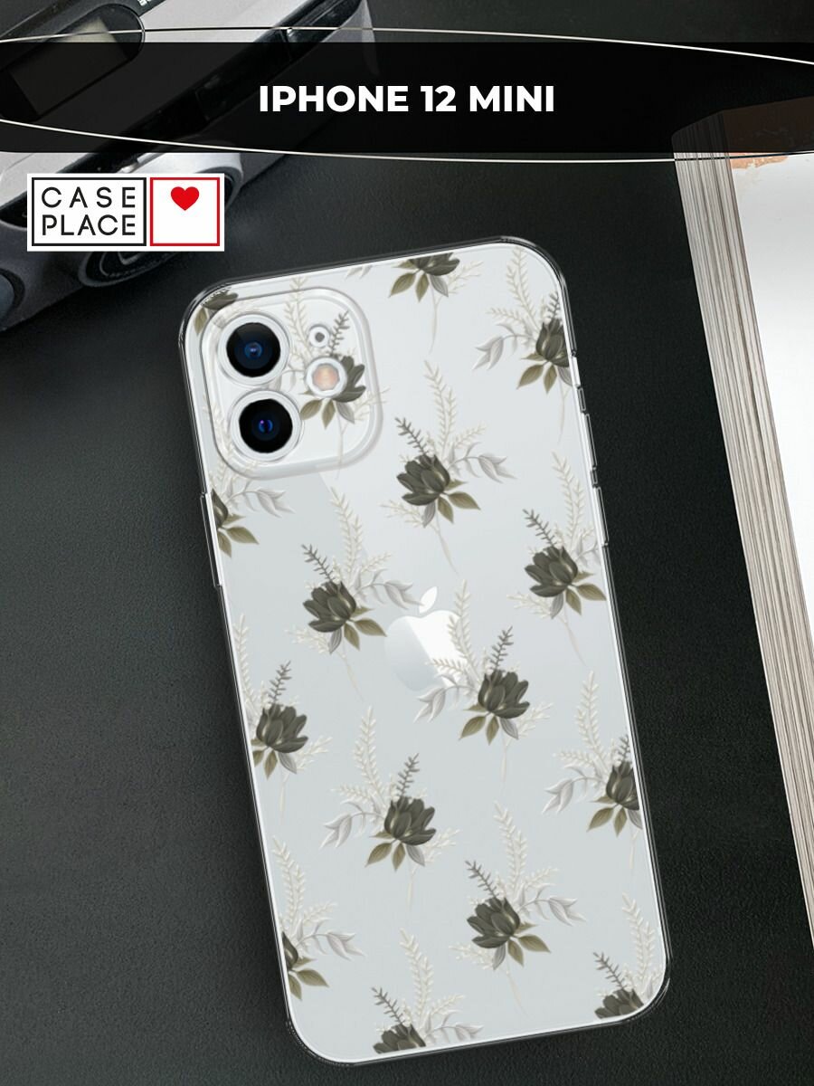 Чехол на Apple iPhone 12 mini / Айфон 12 Мини с принтом "Паттерн цветы сепия"