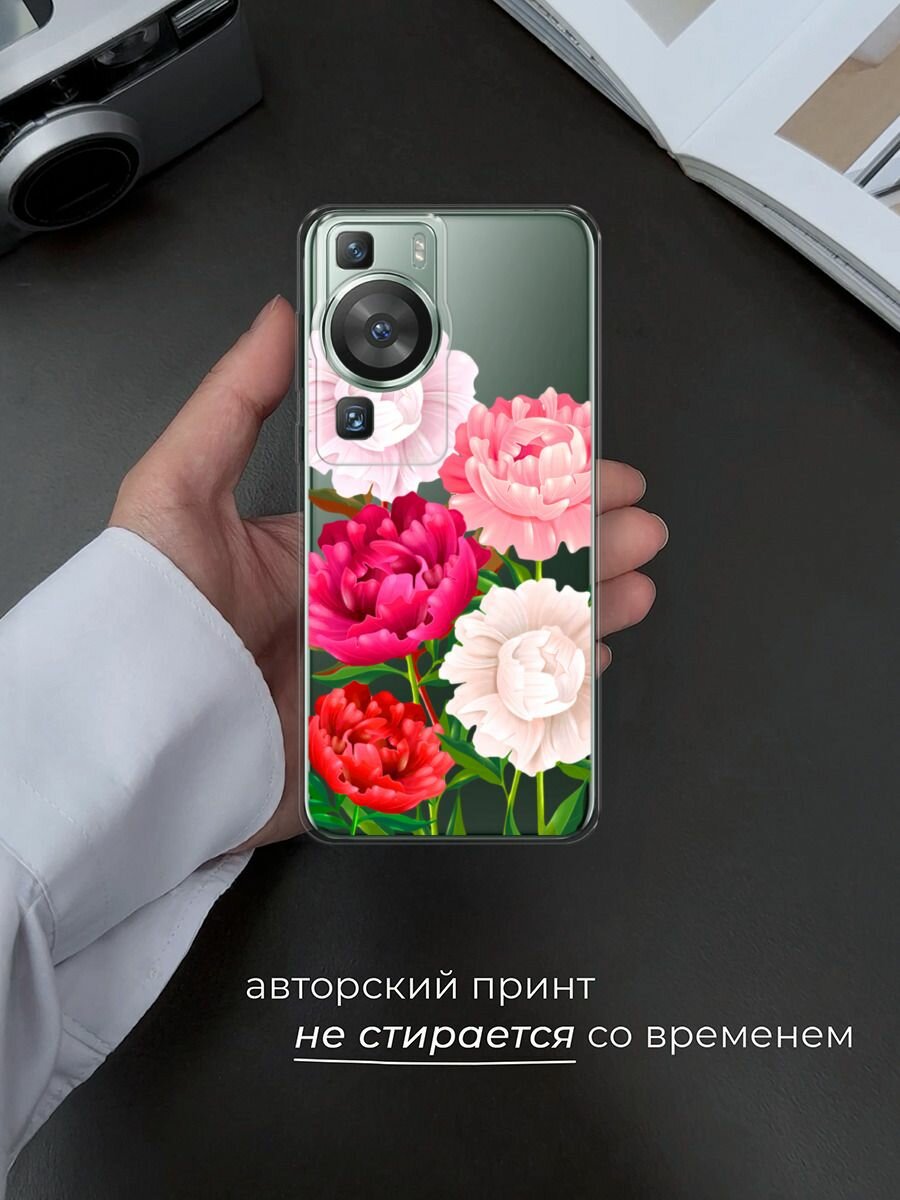 Чехол на Huawei P60/P60 Pro / Хуавей P60/P60 Про с принтом "Большие пионы", прозрачный — фото 1
