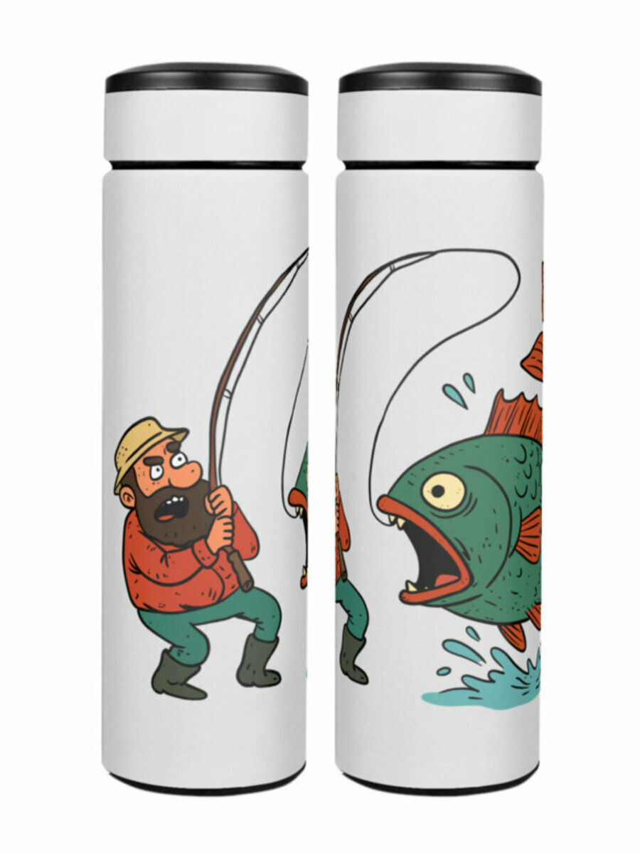 Термос «Рыбак поймал большую рыбу» (белый)