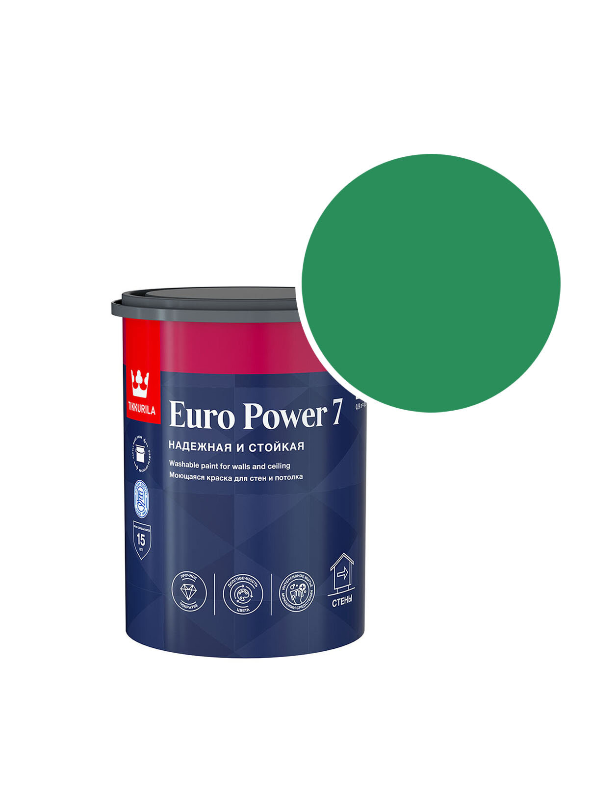Краска моющаяся Tikkurila Euro Power 7 RAL 6024 (Транспортный зеленый - Traffic green) 0,9 л