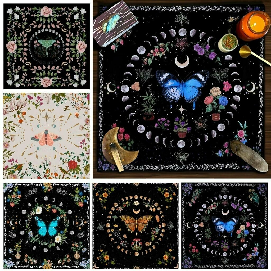 (1 штука) Скатерть Таро с цветами в форме бабочки и фазы Луны-235, 75x75 см