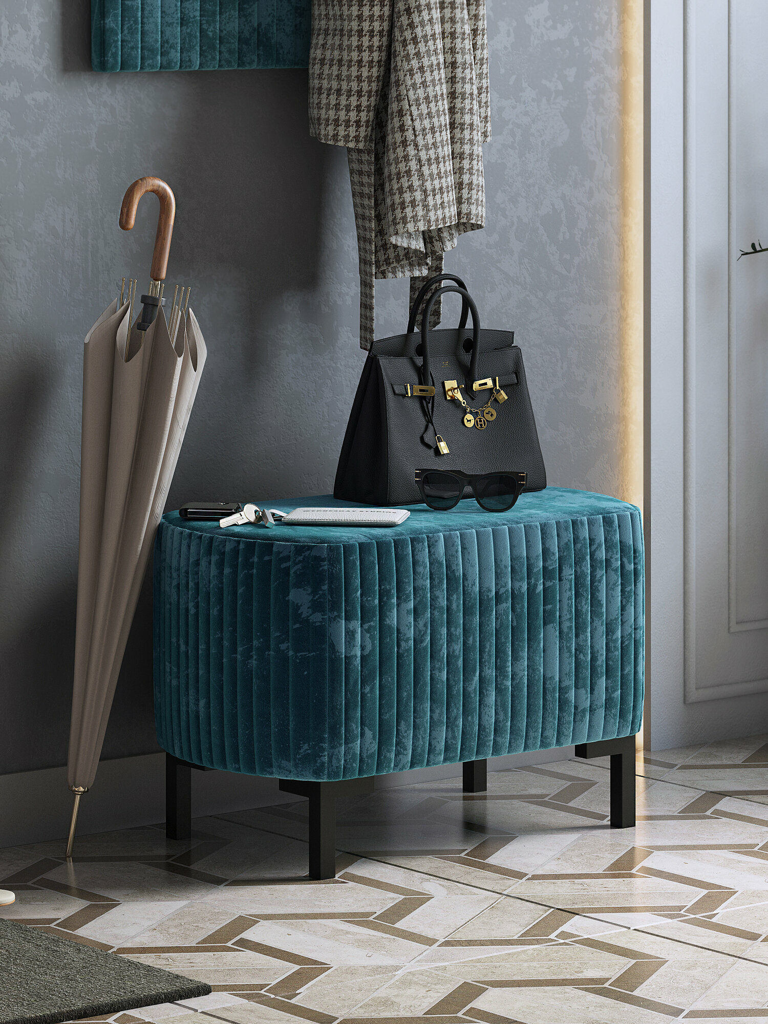 Пуф банкетка из велюра Рич 1.2 цвет Изумруд краш, черные опоры