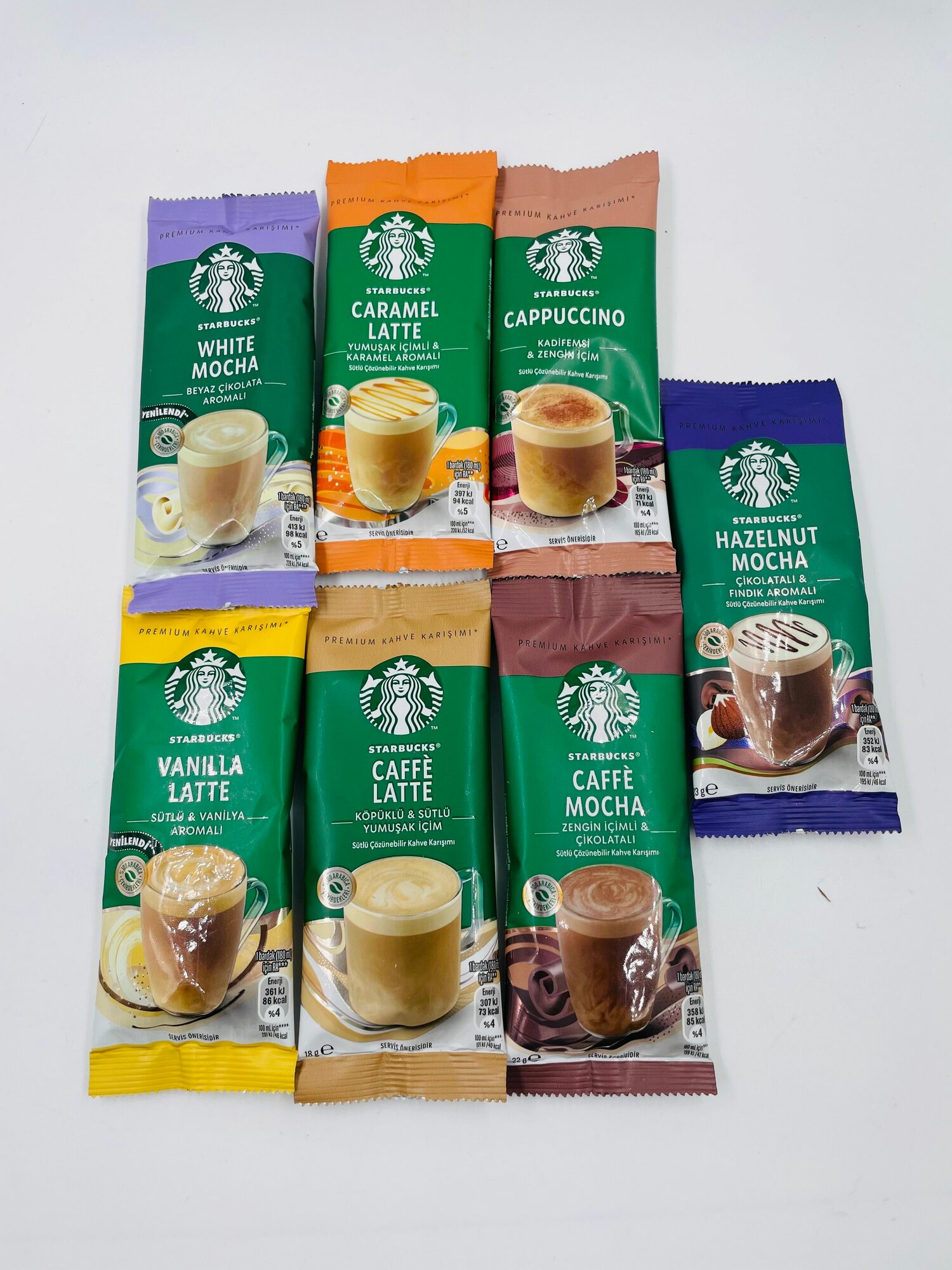 Starbucks кофе растворимый 7 вкусов: Caffe Mocha, Vanilla, White Mocha, Cappuccino, Caramel, Caffe Latte, Hazelnut