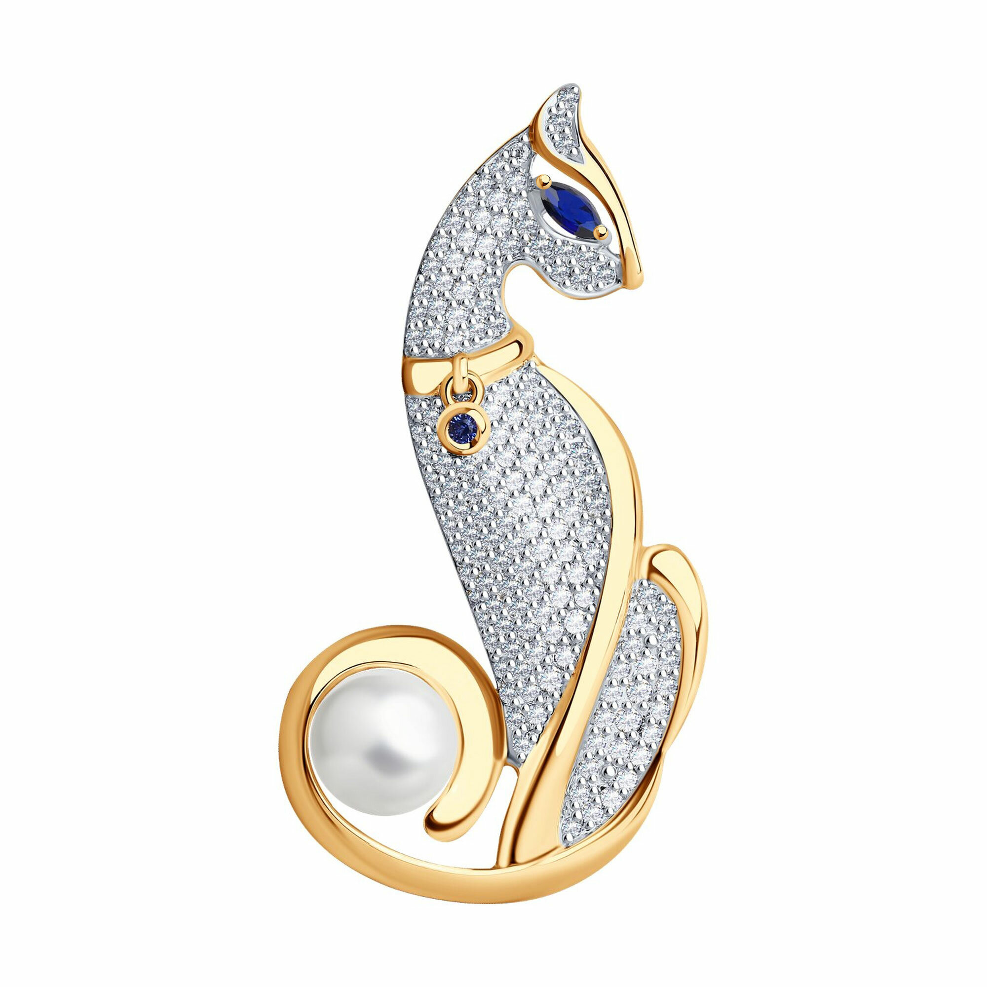 Брошь, красное золото, 585 проба, жемчуг, корунд, фианит