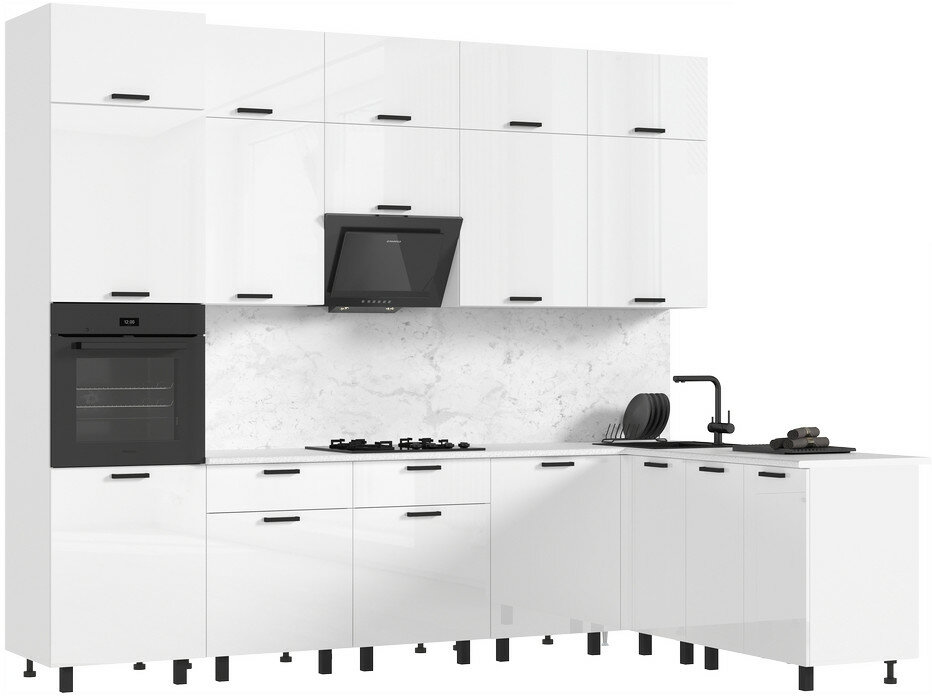 Угловая кухня 3,0х1,8/1080м Компоновка №6, Белый/Белый глянец