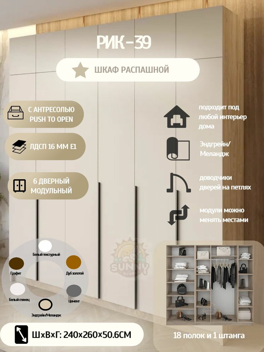 Шкаф распашной РИК 39, 6дв. модульный с антресолью, (Эндгрейн/Меланж) 260х240.2х50.6 см.