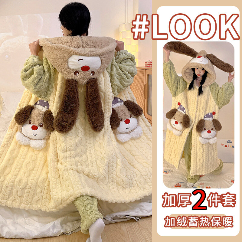 Женский халат из кораллового флиса, зимний утолщенный флис, новый стиль, милый фланелевый комплект домашней одежды, размер：S-L