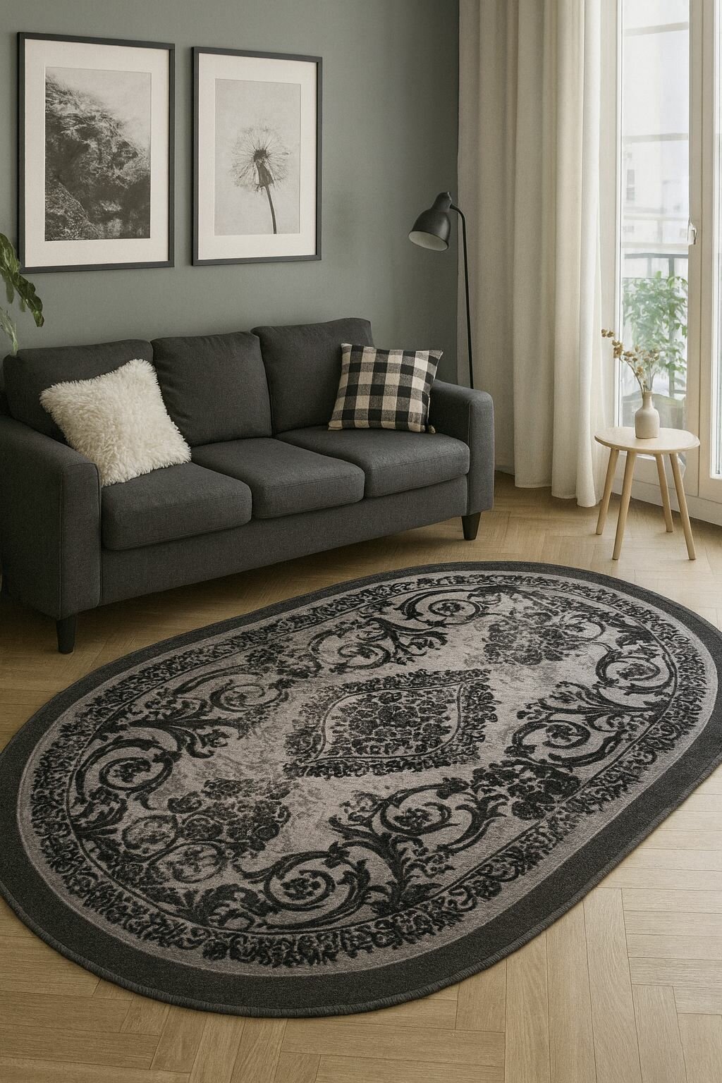 Ковер палас безворсовый 1.5 2.0 м, овальный петлевой ворс 3 мм, войлочная основа, серый классический узор