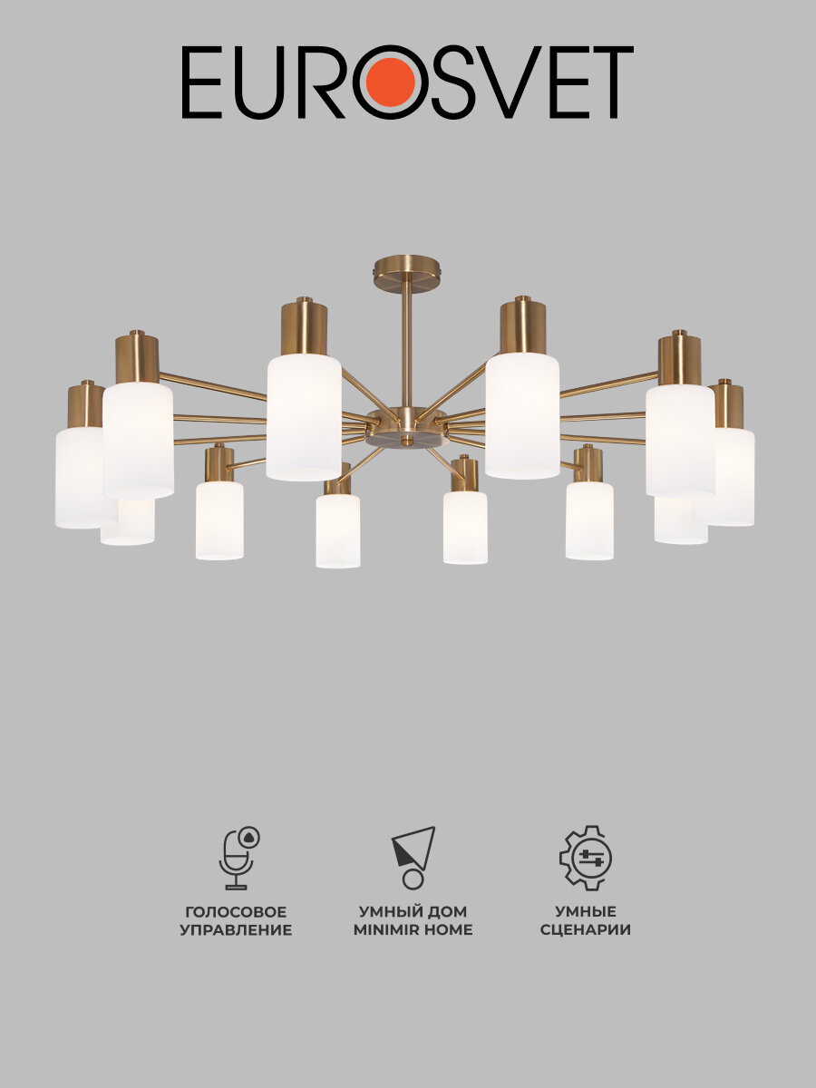 Умная люстра/Потолочный светильник с управлением по WI-FI со стеклянными плафонами Eurosvet Vegga 70160/12 Smart латунь