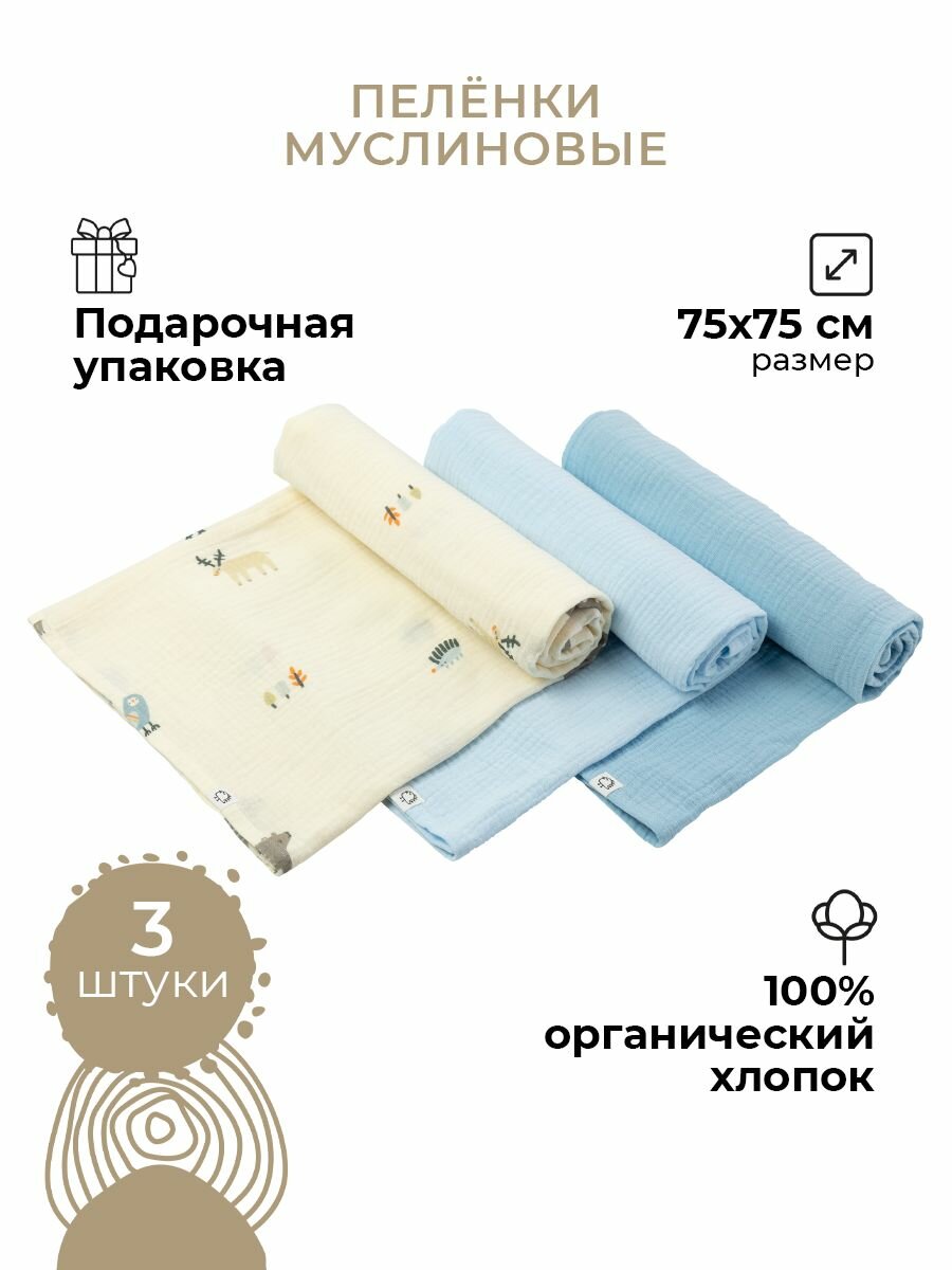 Набор муслиновых пеленок для новорожденных BUBA KIDS, 3 шт. Таежная ночь/ нежно-голубой/ синяя пастель, 75х75