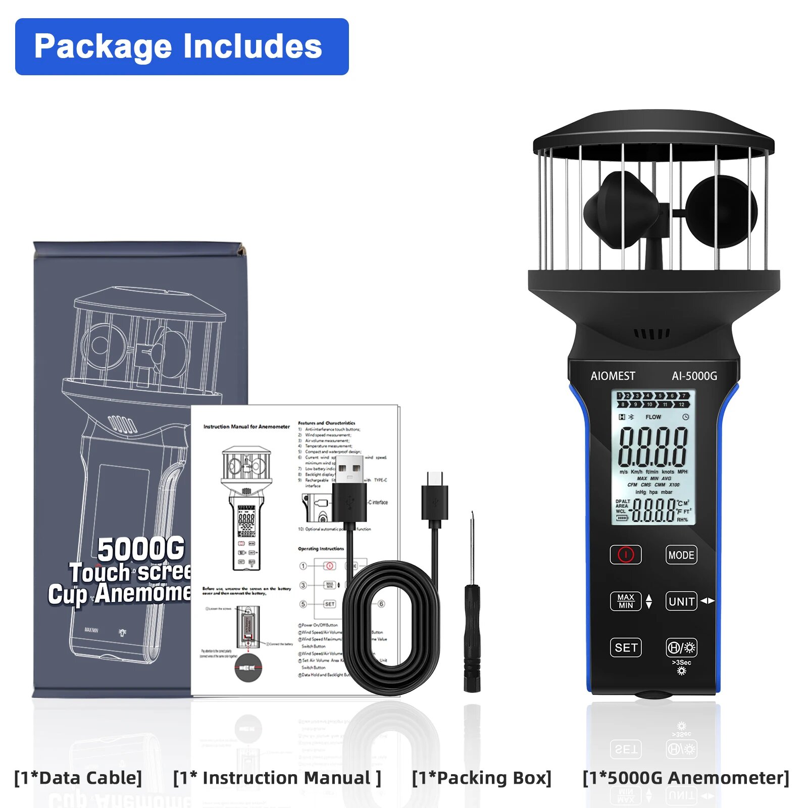 Ручной цифровой анемометр 0,3–40 м/с, измерение скорости ветра/потока воздуха/температуры — 360° ° Измеритель скорости ветра Type-C, перезаряжаемый