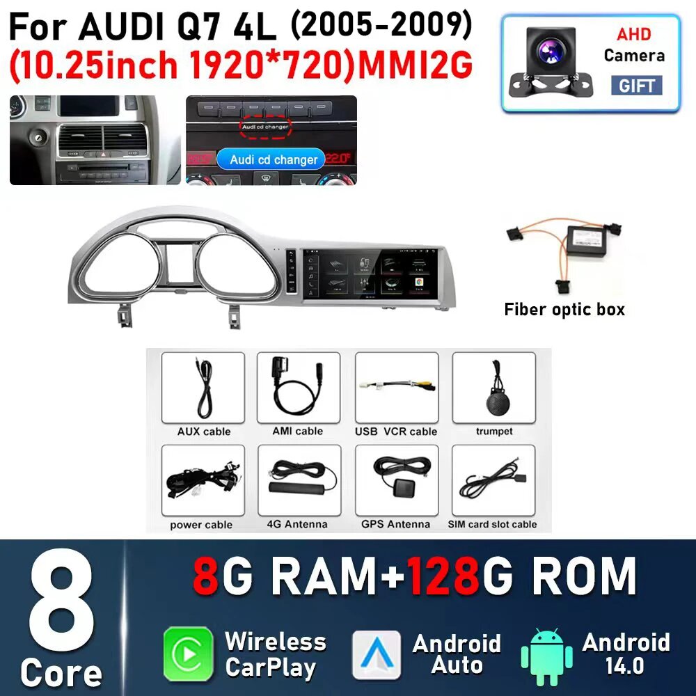 Android 14 CarPlay для Audi Q7 4L 2005-2009 MMI 2G Автомобильный мультимедийный плеер GPS-навигация Радио Стерео 10,25 дюйма 8 + 128 ГБ 4G Экран MMI 2G USE 8G128 CAM