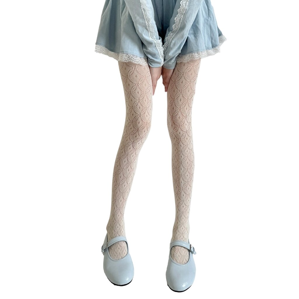 Ретро-колготки с полым кружевным низом-Молочно-белый