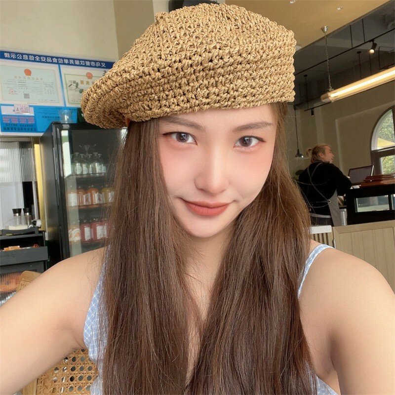 Нишевый летний соломенный берет женская японская мода Интернет знаменитость темперамент шляпа художника литературная и художественная фотосъемка маленькая соломенная шляпа с изображением лица