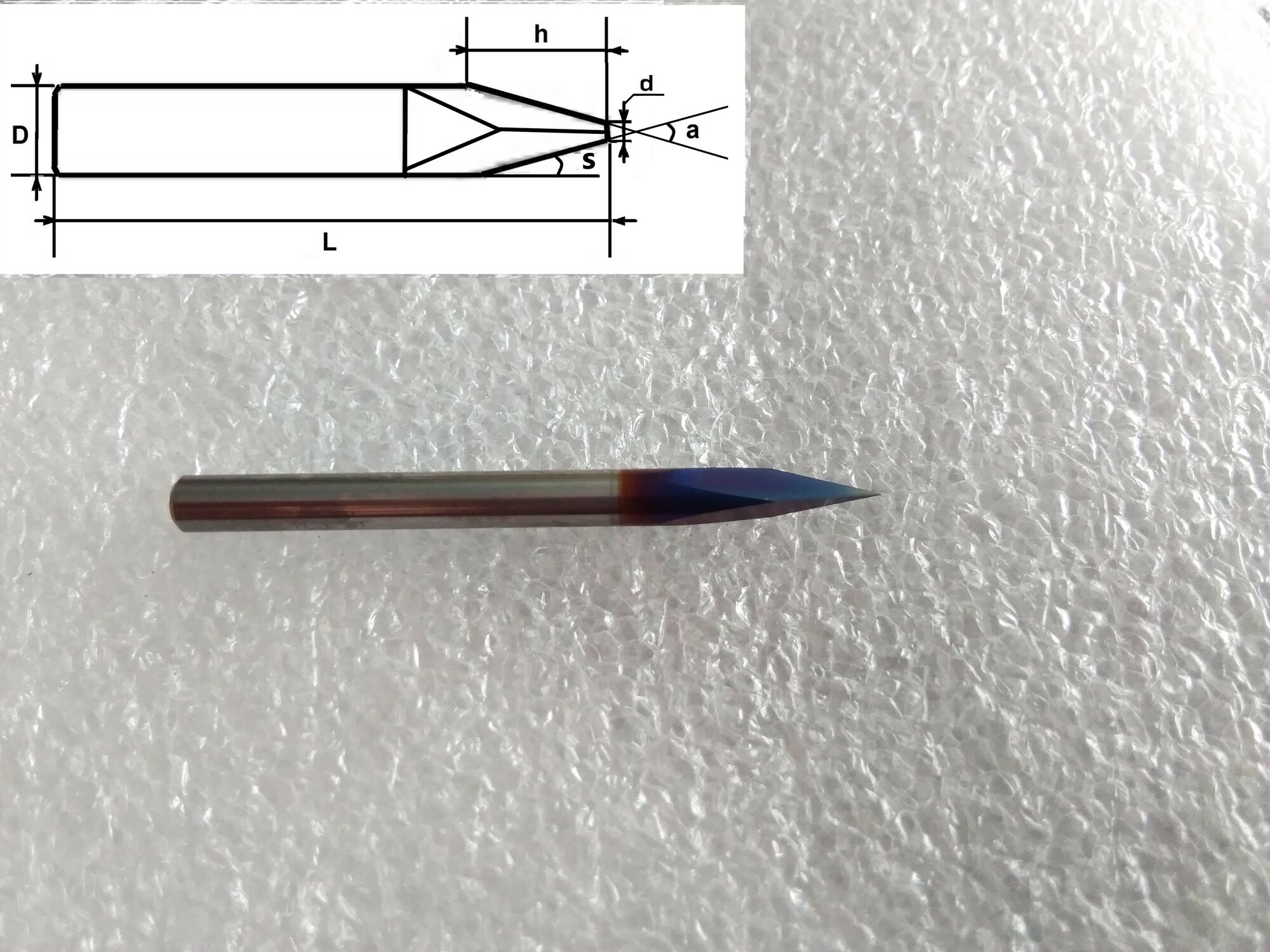 Конический твердосплавный гравер пирамидка с покрытием PDM3.3001 d-0.1/h-6/ S-15/ a-30/ D-3.175/ L-39. для ЧПУ станка