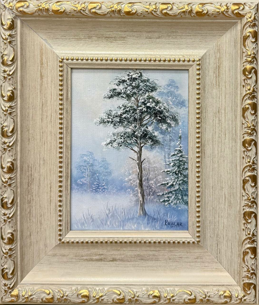 Картина маслом на холсте, зимний пейзаж "Зимушка" 1, 20х15 см. Автор Кищак А.