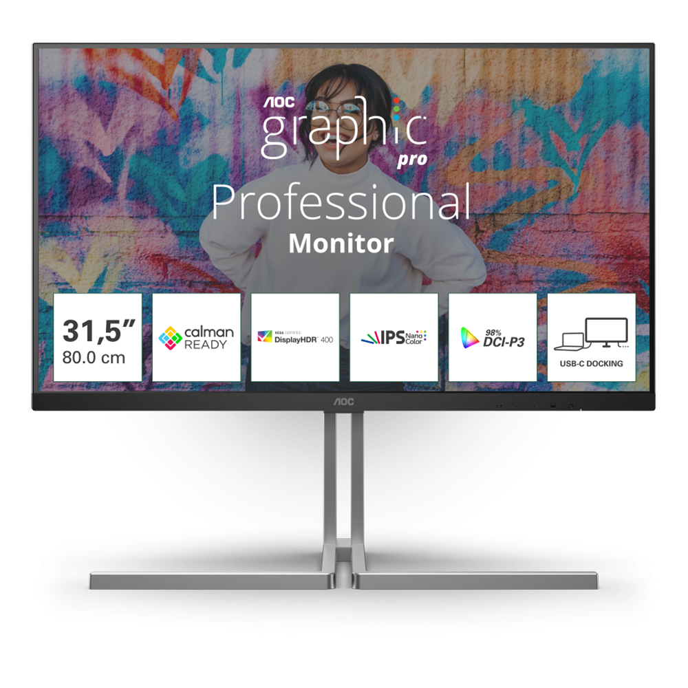 Монитор 31.5" AOC U32U3CV Black (4K, IPS, 3840x2160, 4 ms, 178°/178°, 400 cd/m, 50M:1, +2xHDMI 2.0, +DisplayPort 1.4, +4xUSB 3.2, USB Type-C, +MM, +RJ45)
