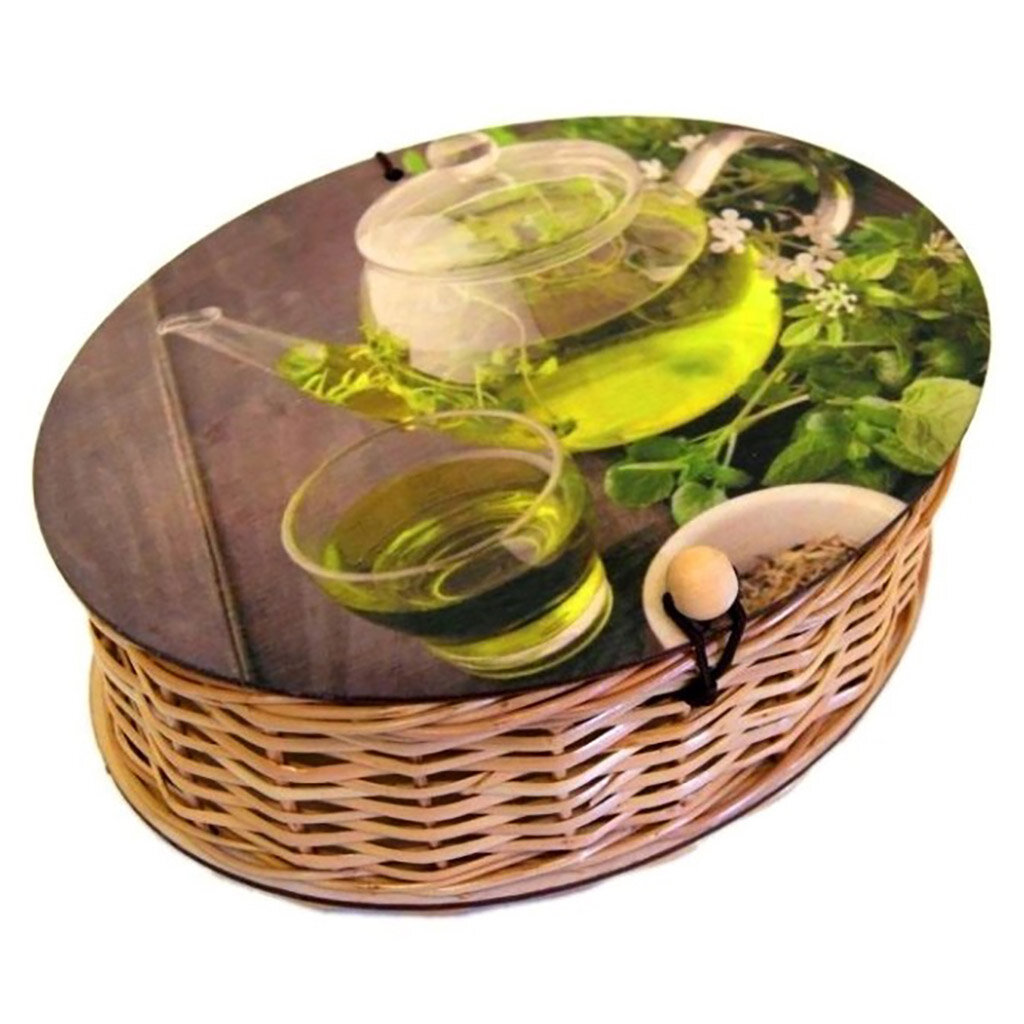 Шкатулка КНР плетеная "Чай-1" 21х15,5х8 см, принт на крышке, овальная, лоза, ручное плетение (ИНП62/1)