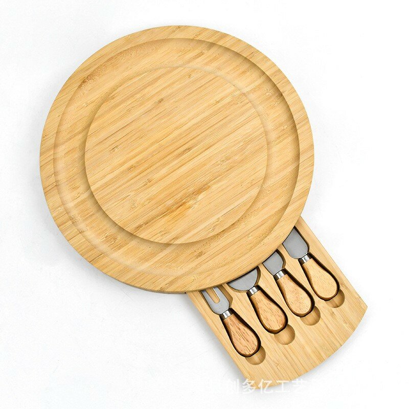Набор бамбуковых сырных досок с ящиком, доска для сыра и пиццы, хлеб, закуски, западная еда, деревянная разделочная доска, круглая доска для нарезки