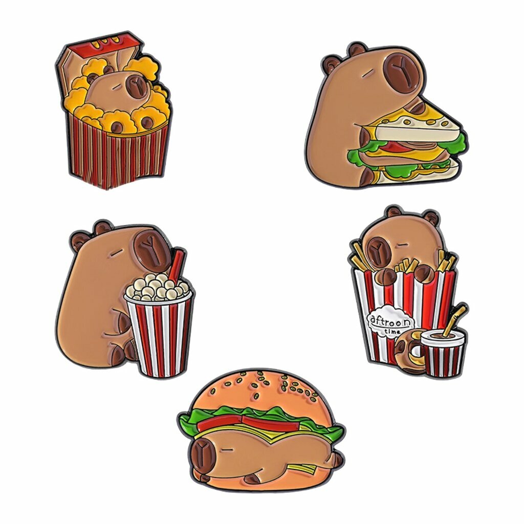 Набор 5 штук мультяшные капибары бургер картошка металлические значки прочные аксессуары для ежедневного использования и подарков