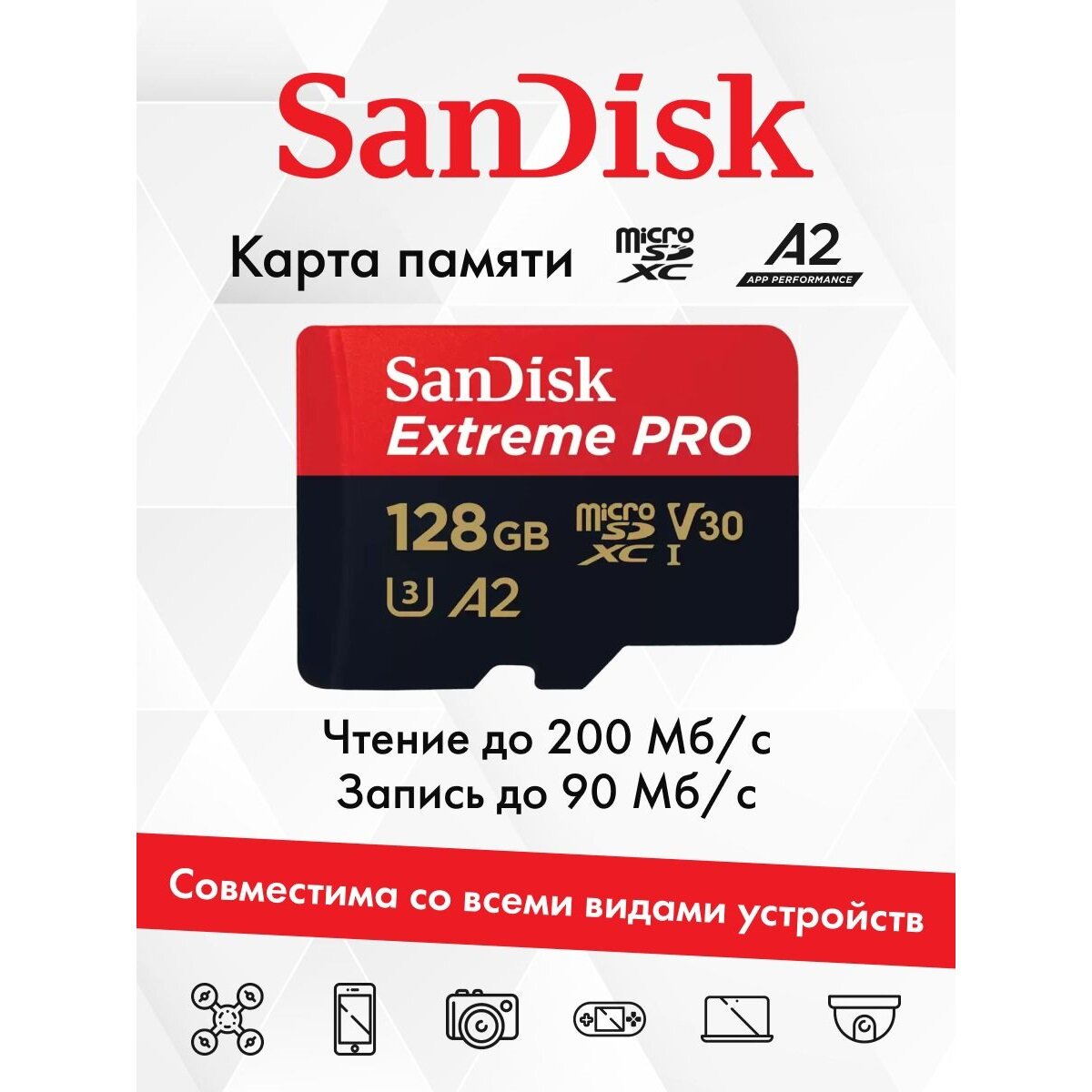 Карта памяти SanDisk Extreme Pro 128ГБ, microSD, V30, UHS-I, адаптер в комплекте