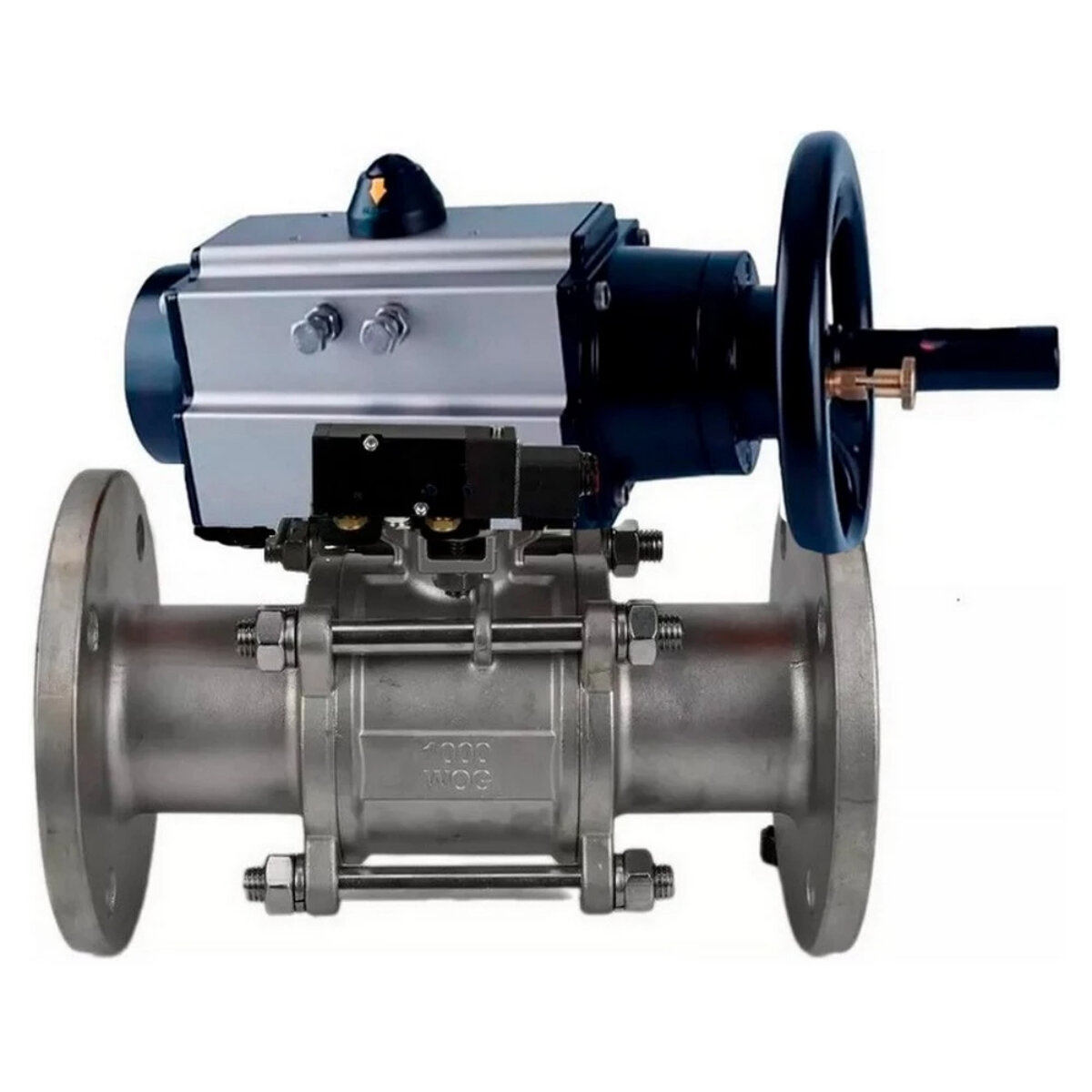 Кран шаровой DN.ru кшфпт.316.180 Ду100 Ру16 полнопроходной трехсоставной, фланцевый, нержавеющая сталь 316, уплотнение - PTFE, 22х22, F10, WDVF, с пневмоприводом DN. ru DA-105-1 и пневмораспределителем PND1-S2EM-52-2-T10-220VAC (опрессовано)