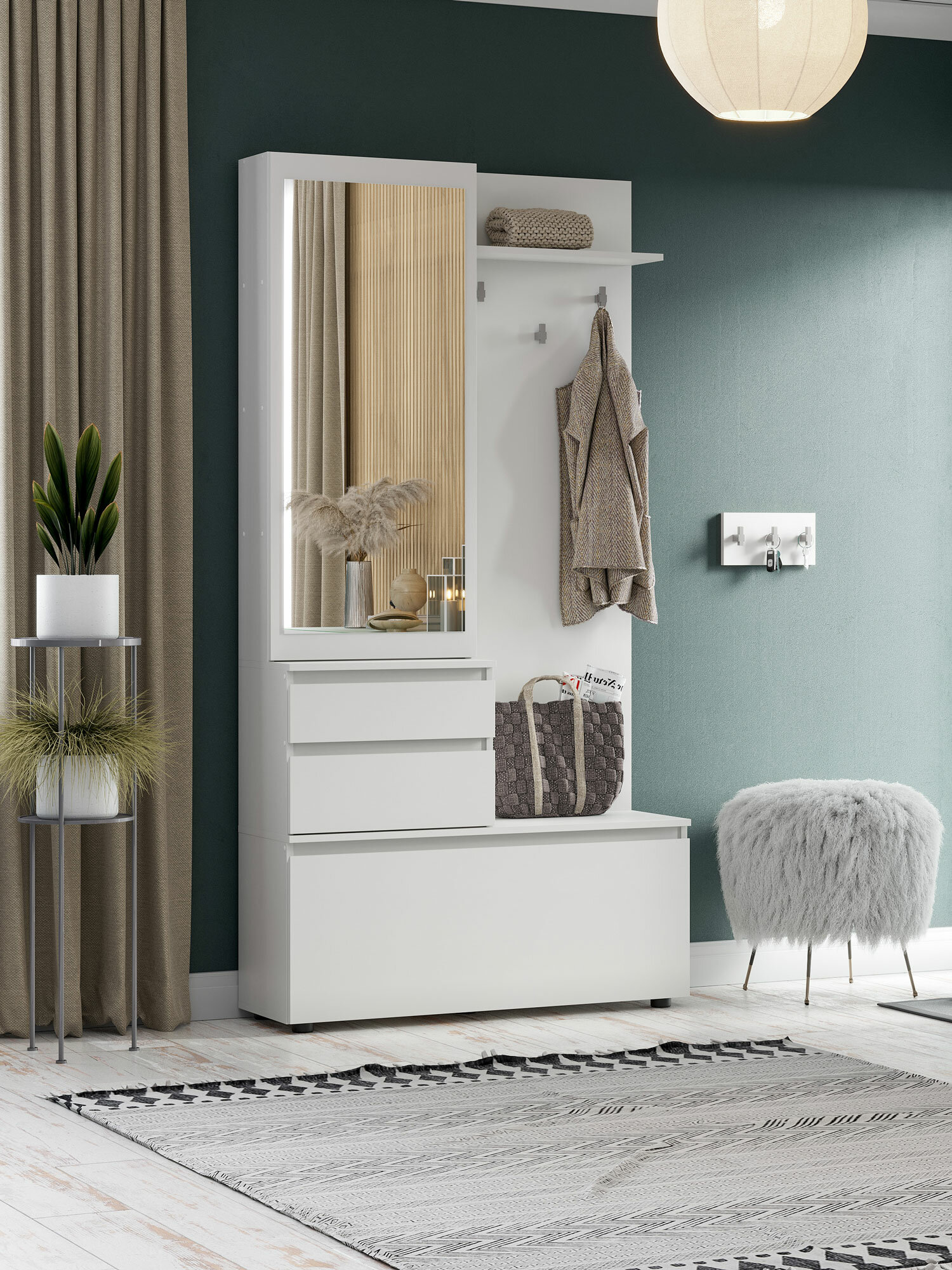 Прихожая комплект Одри Дуо с вешалкой, со шкафом, с ящиками, с обувницей, с зеркалом, 150.2х35х200 см, Белый