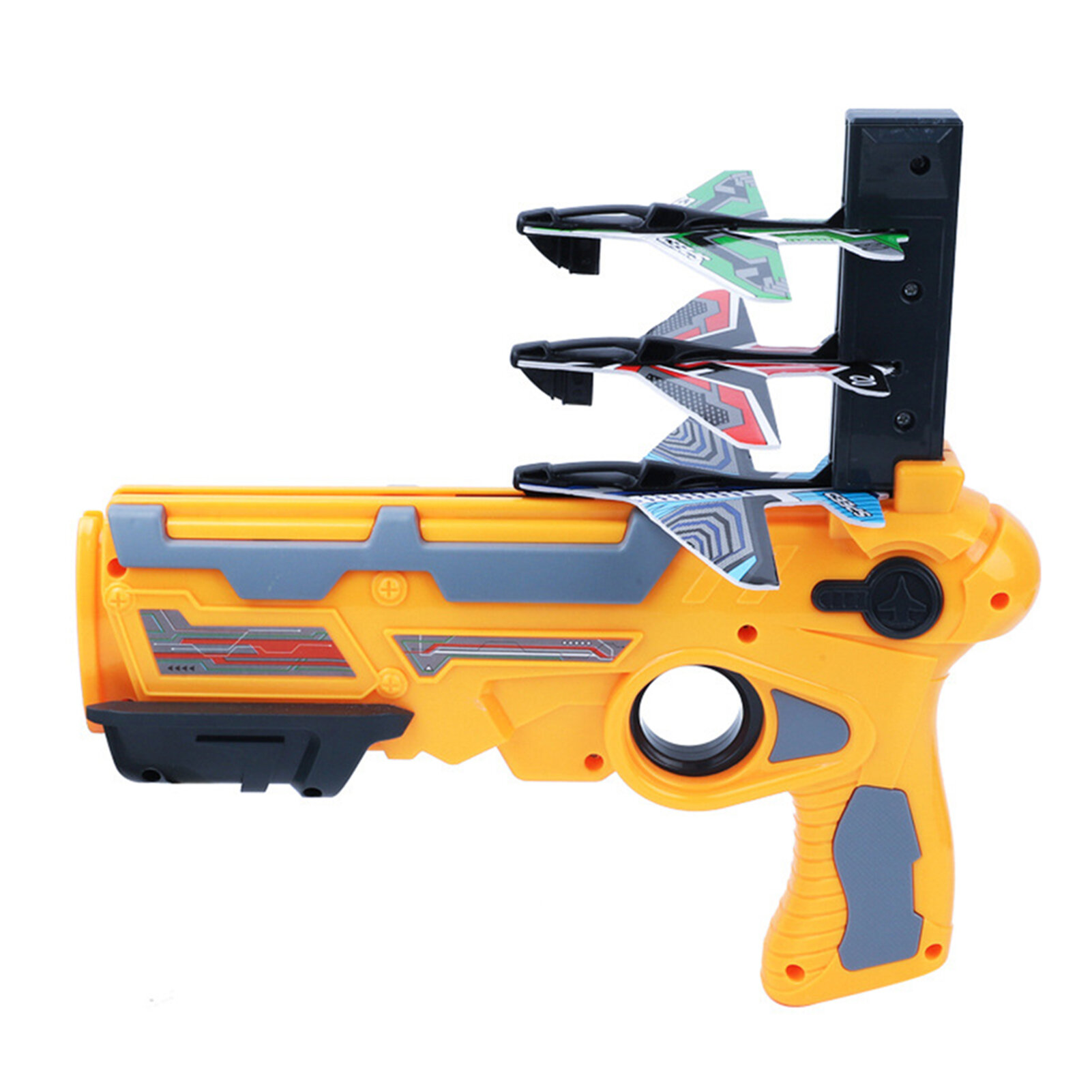 Каталеврный планер-пушек для запуска моделей самолетов с одним нажатием, игрушка-пушка с 4 самолетами для детей, детских праздников, подарок, материал ABS + Пена, дальность запуска 6-8 метров, цвет желтый/синий (выбор), количество самолетов 4 штуки,