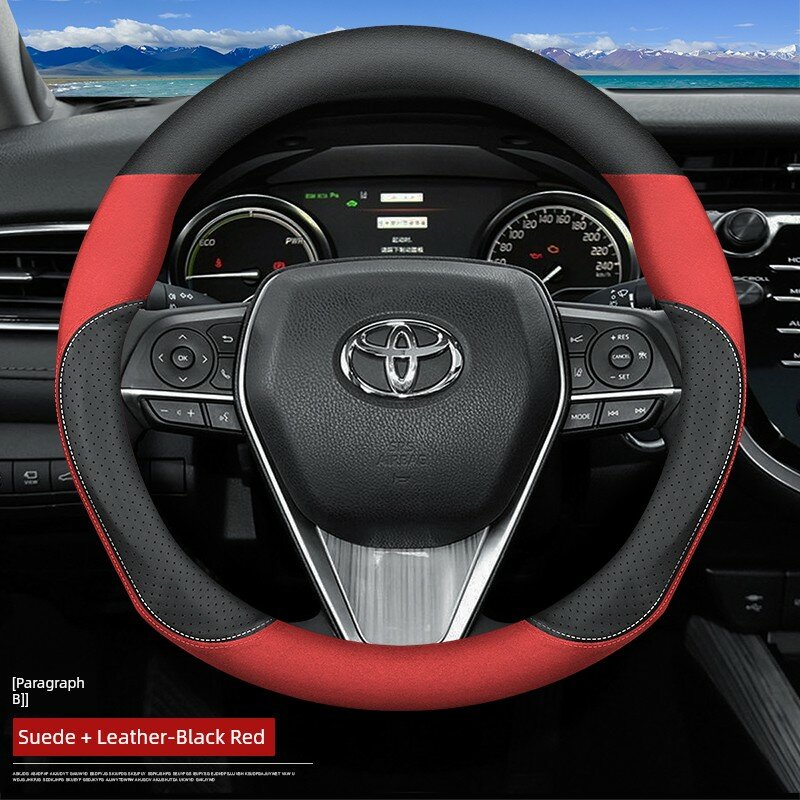 Накладка на рулевое колесо Toyota RAV4 Круглая форма Сукно и кожа Черный с красными акцентами без логотипа
