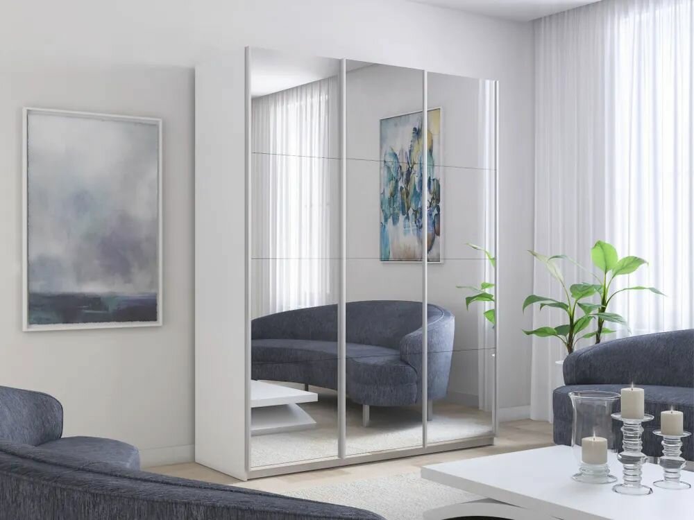 Шкаф-купе Билли 3-х дверный, (Зеркало) 180х57х230 см. Белый снег