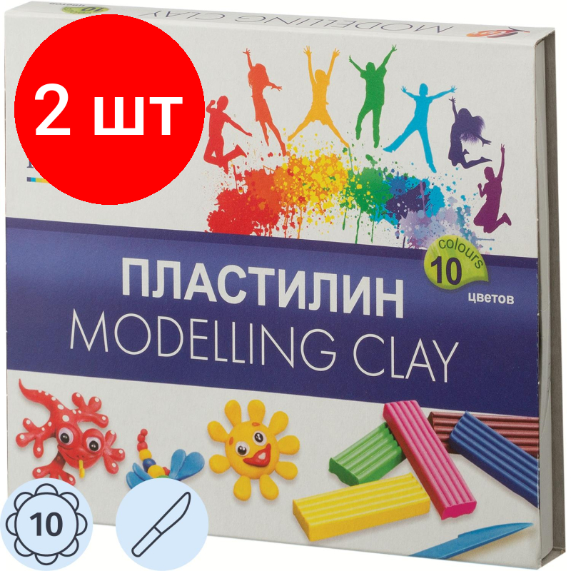 Комплект 2 упаковок, Пластилин классический Луч Классика 10 цв 200 гр со стеком