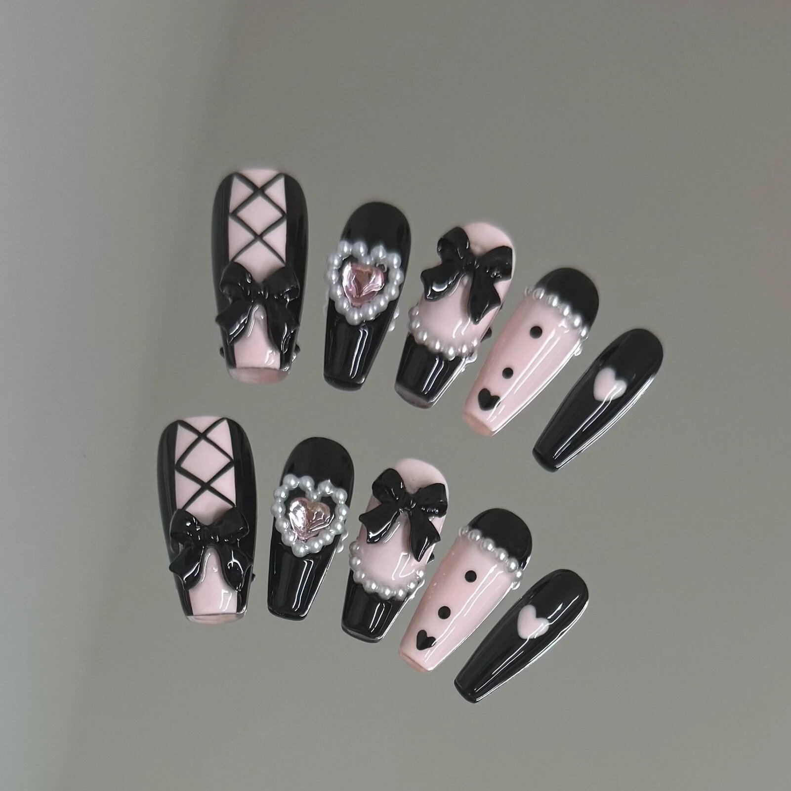 3D накладные ногти бабочка розовый черный S2