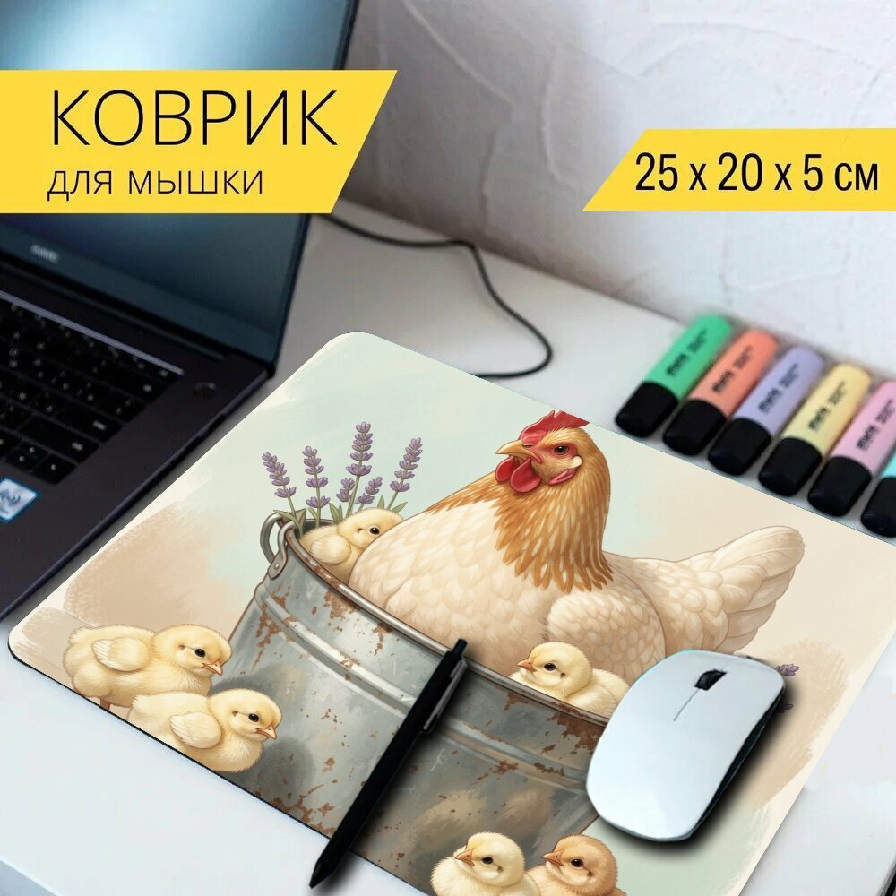 Коврик для мыши с принтом "Курица с цыплятами в ведре. Нежная фермерская иллюстрация: наседка и птенцы в винтажном металлическом тазу с лавандой. Пастельные бежевые." 25x20см.