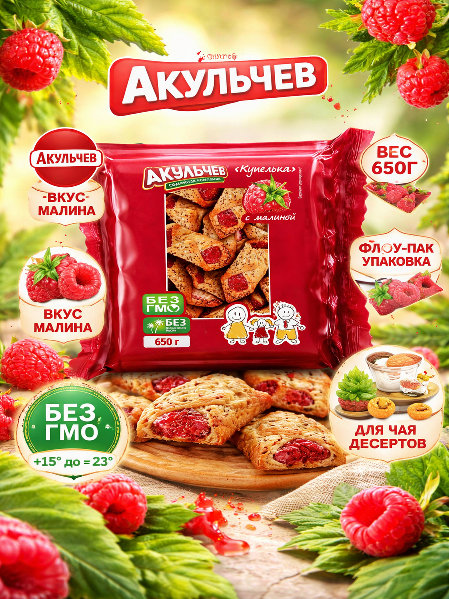 Печенье сдобное Акульчев Купелька с малиной, 650г