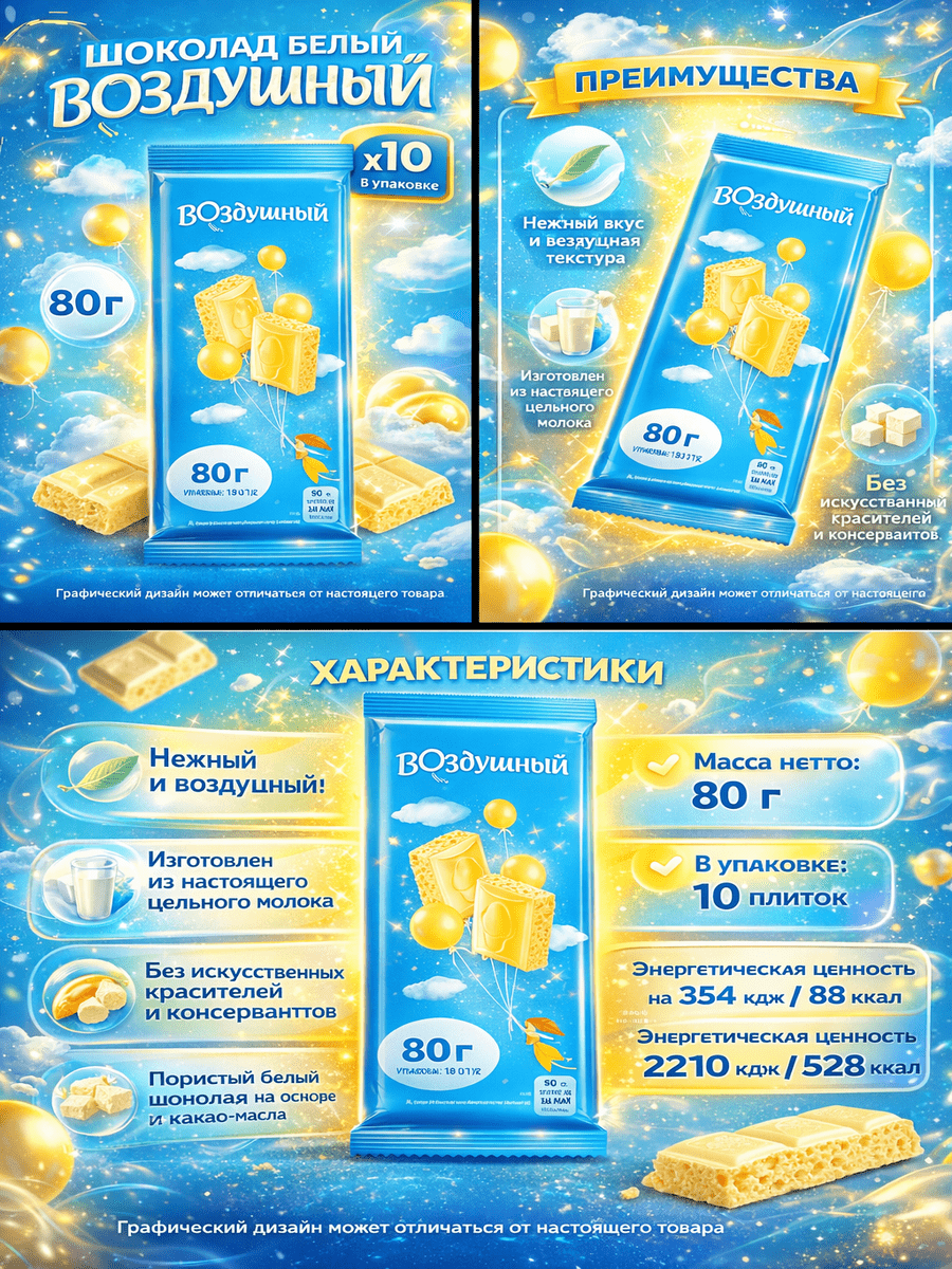 Шоколад белый воздушный, 80г x 10 упаковки
