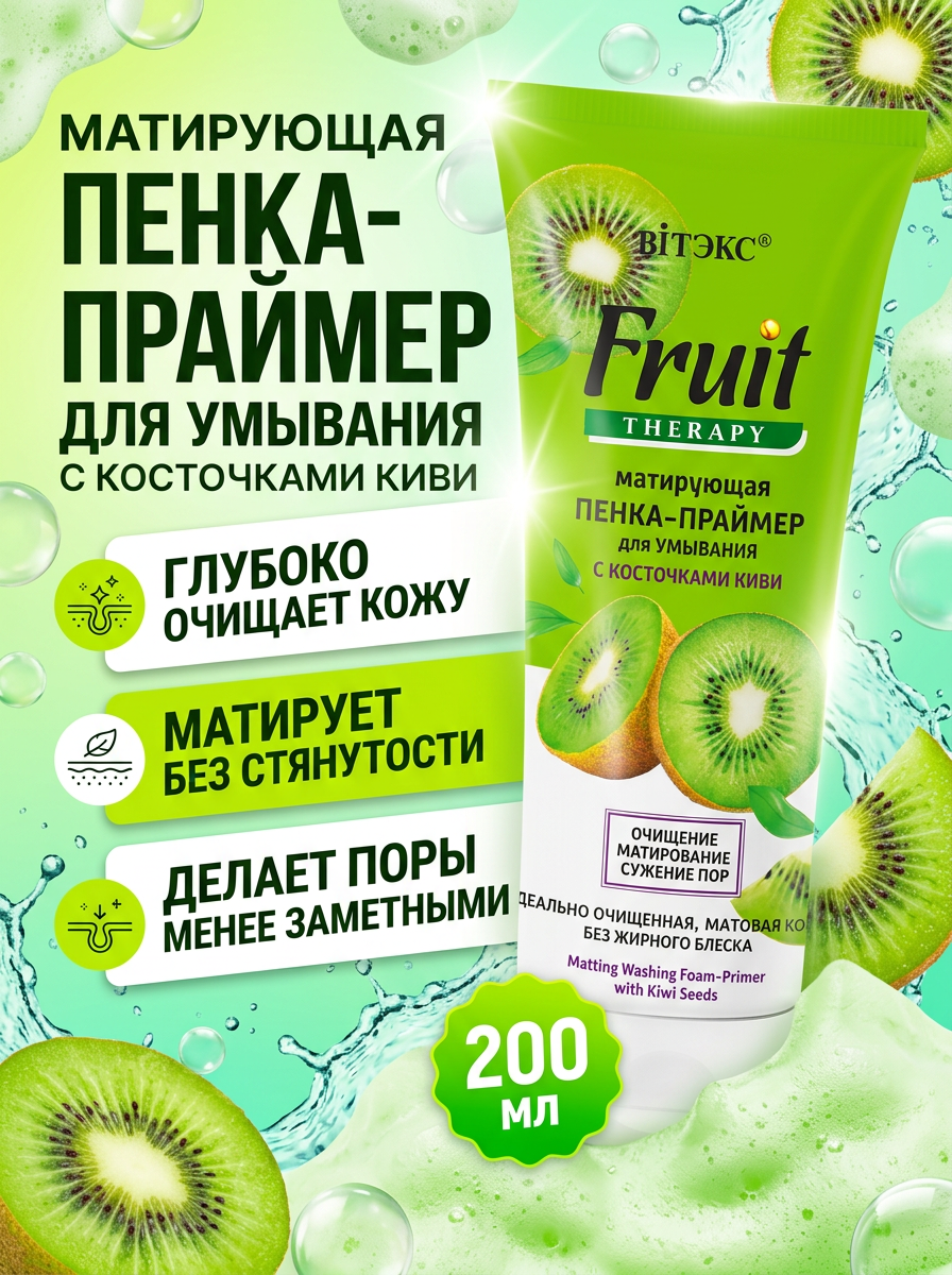Пенка-праймер для умывания «Витэкс» Fruit Therapy Матирующая с косточками киви, 200 мл