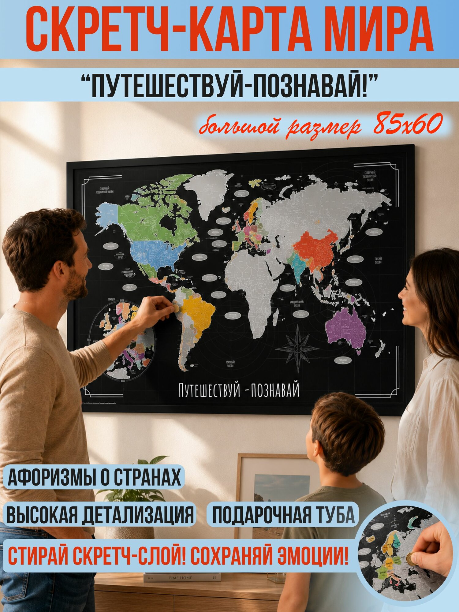 Скретч карта мира "Путешествуй-Познавай" А1 (85х60см) в тубусе