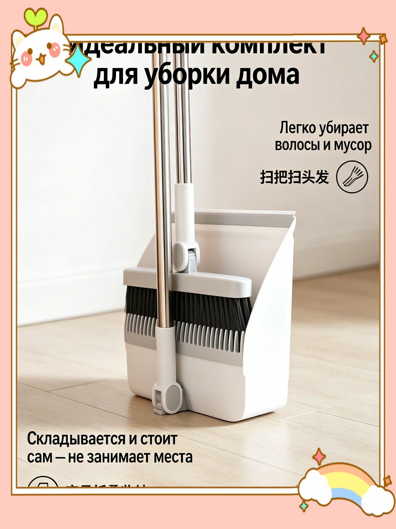 Компактный стоячий набор совка и щетки, где волосы не наматываются, применяемый для домашней уборки, качественный.