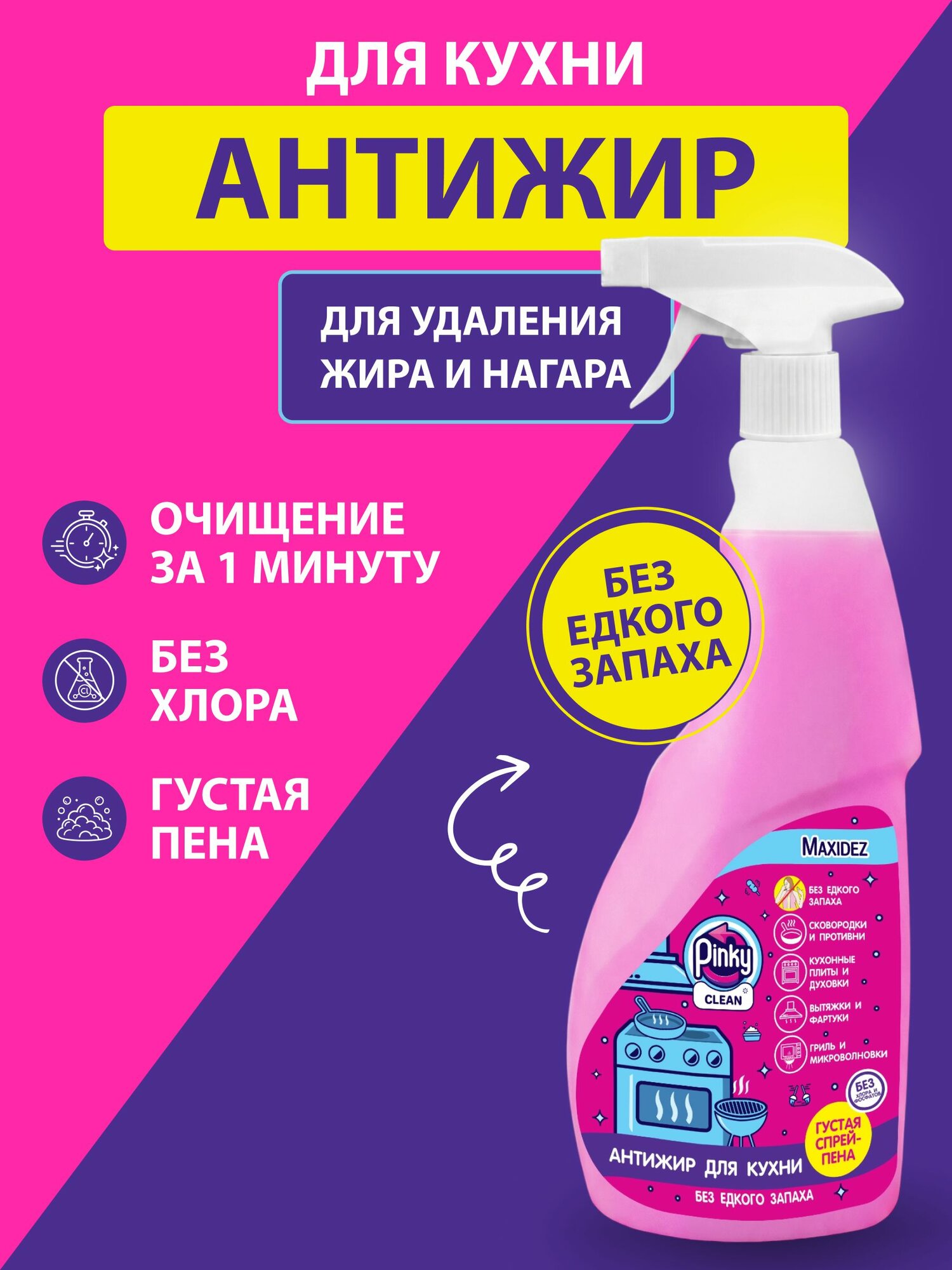 Спрей-пена Антижир для кухни, Pinky Clean, чистящее средство для кухни для удаления жира жироудалитель