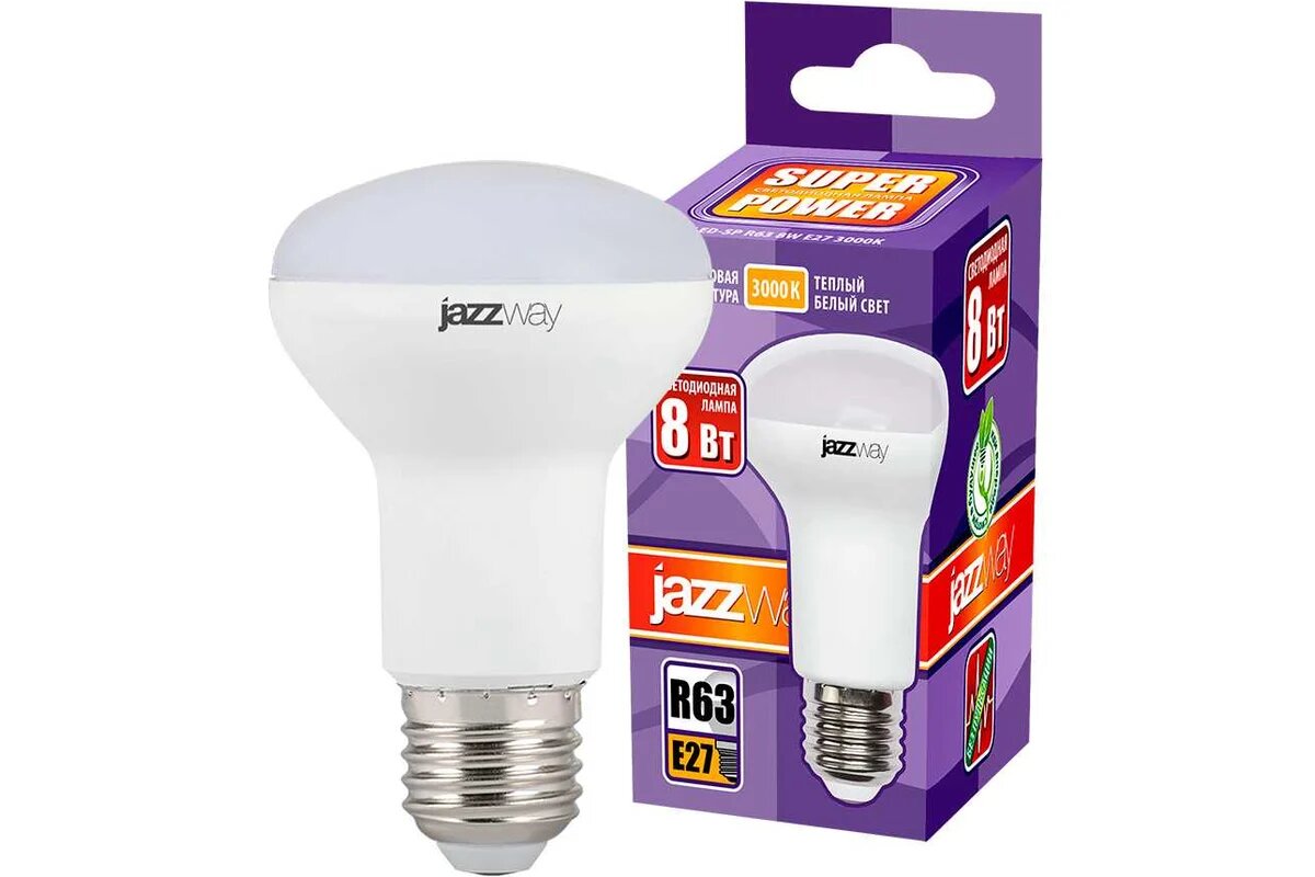 Jazzway PLED-SP 8W R63 3000К теплый белый E27 630 lm 230В/50Гц светодиодная лампа