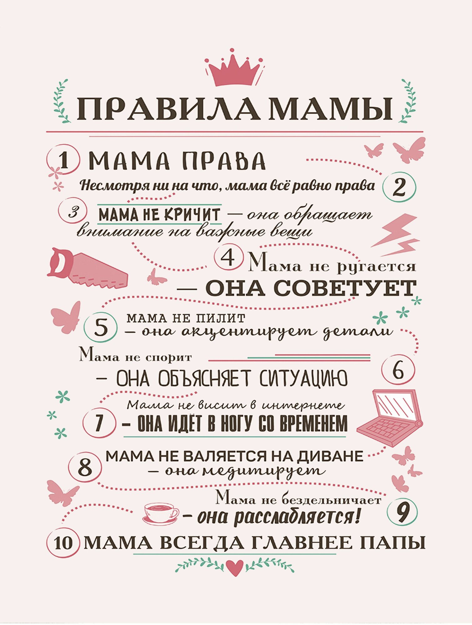 Постер с правилом на стену картина мотивация для интерьера надпись "Список правил мамы" для спальни для кухни