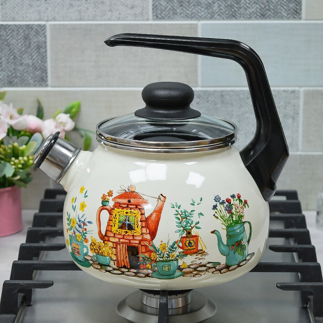 Чайник 2л со свистком 'Чайный домик', эмалированное покрытие, индукционное дно