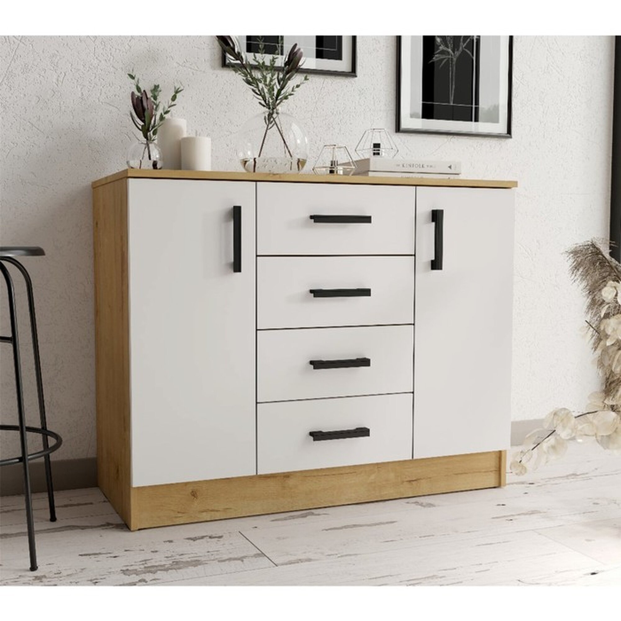 Комод ЭРА К1000-2Д, 1000х430х830 мм, 4 ящика, белый/дуб вотан