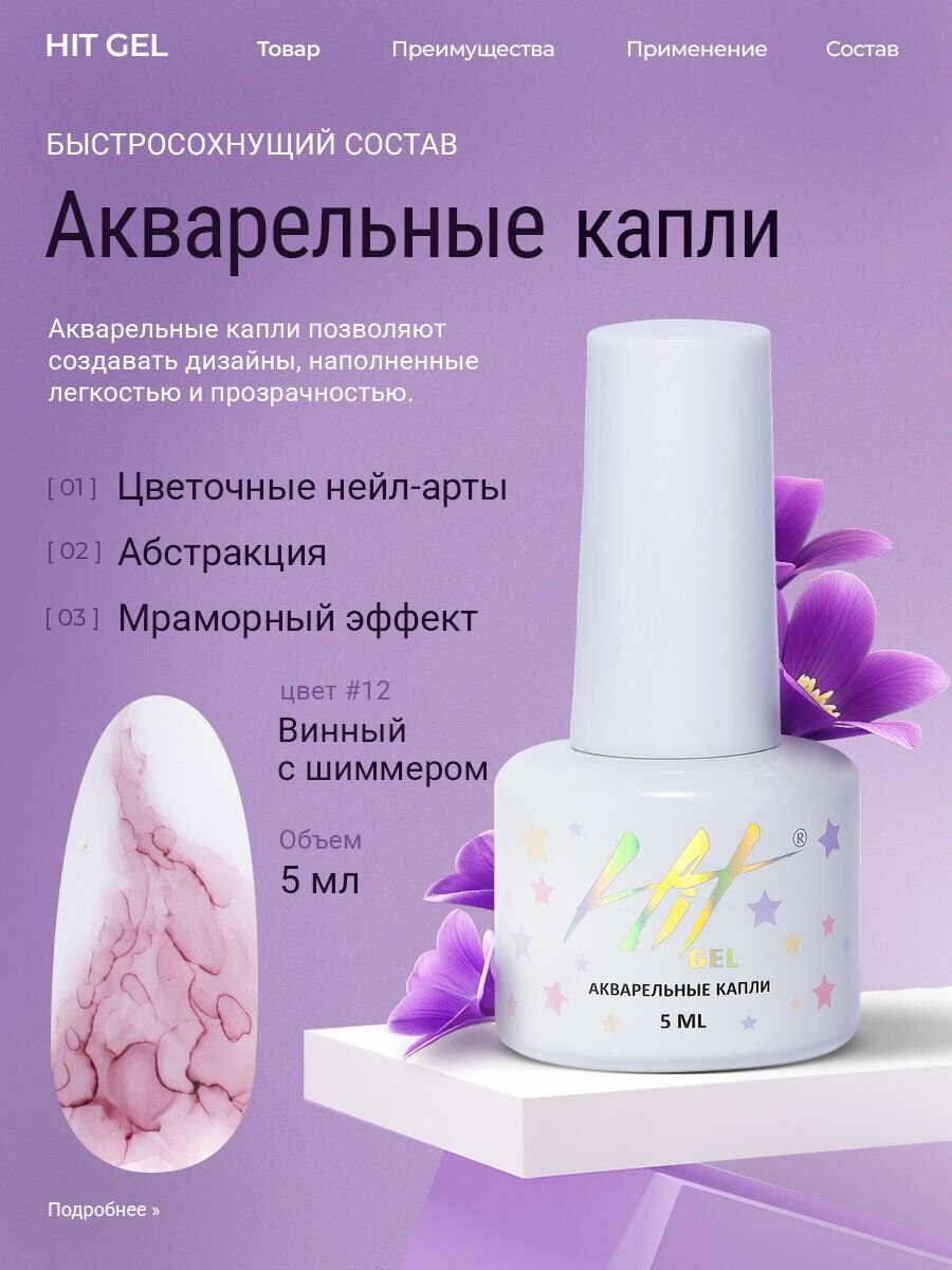 Лак для дизайна ногтей акварельные капли Hit gel №12, 5мл