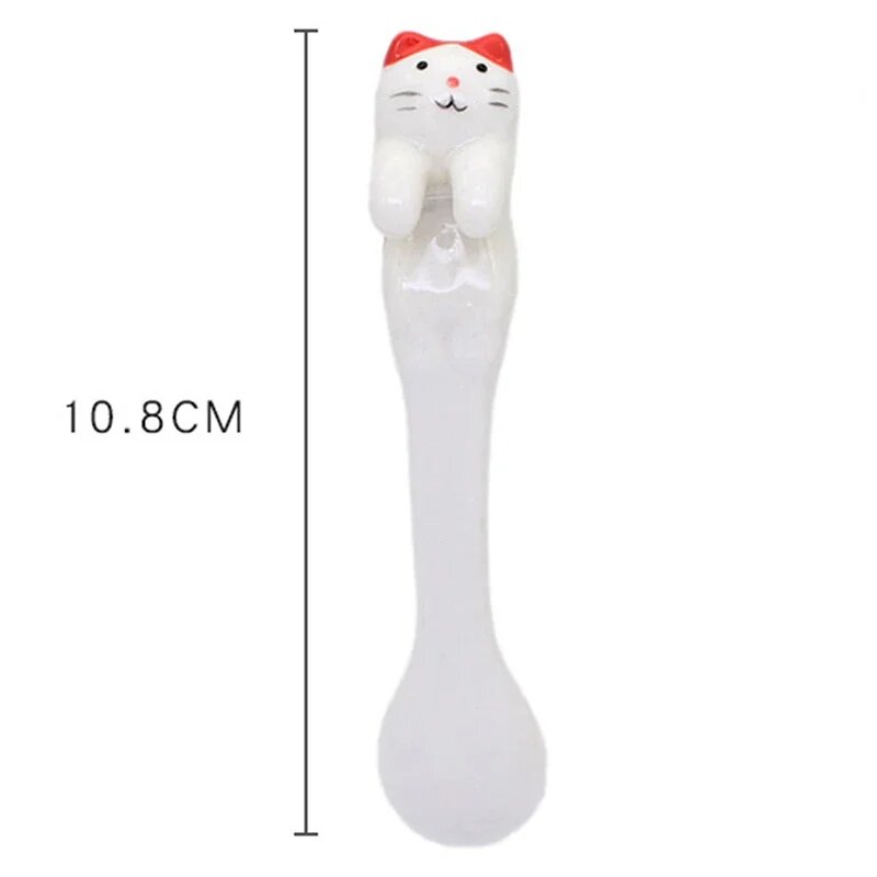 Белая керамическая ложка-котик Tea Spoon, red eared cat (3)