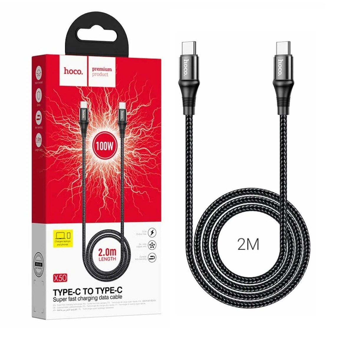 Кабель Type-C Type-C Hoco X50 Exquisito, PD100W (20V/5A), для ноутбука и телефона, 2 м, черный
