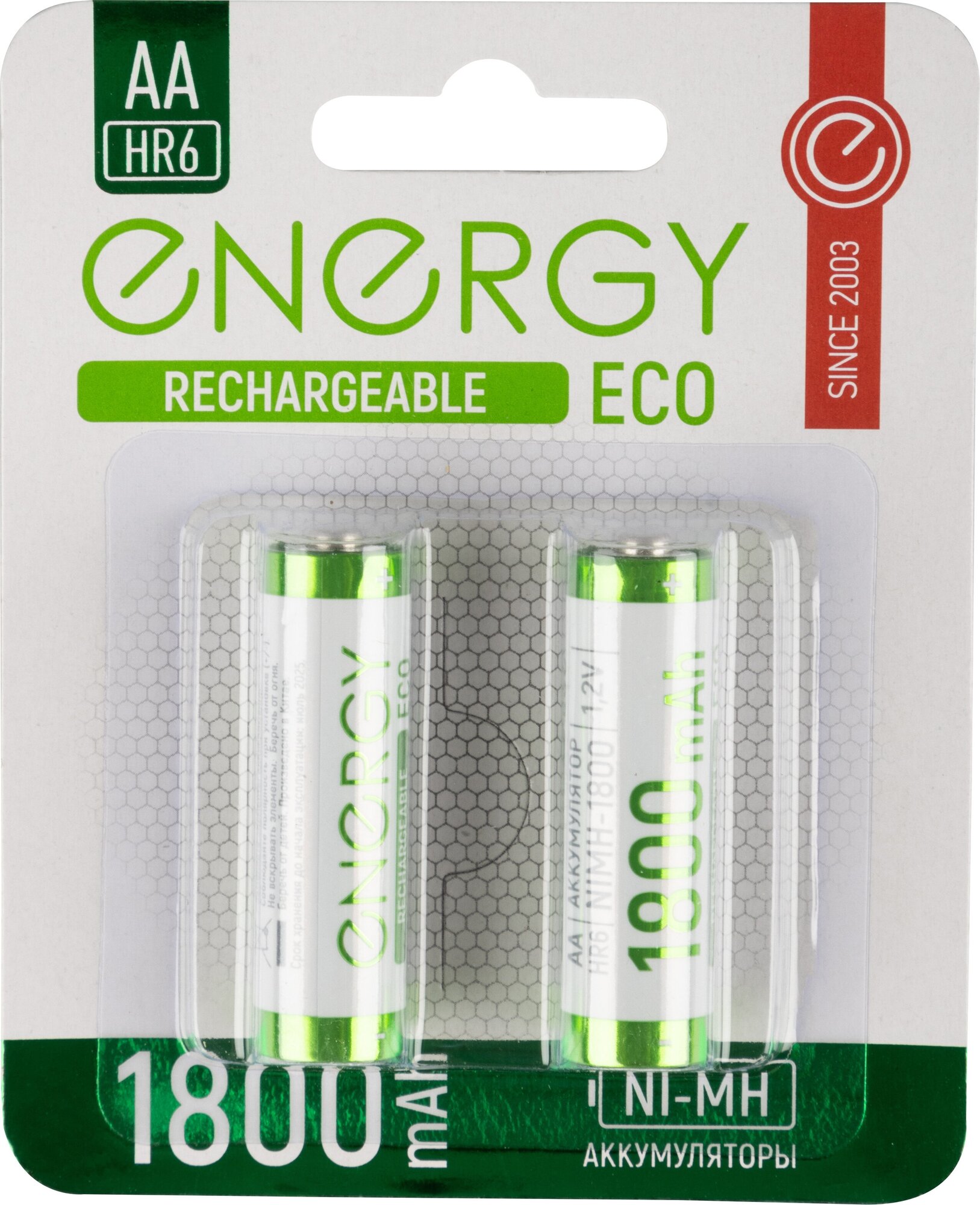 Аккумулятор Energy Eco NIMH-1800-HR6/2B (АА) (2шт на блистере) (104988)