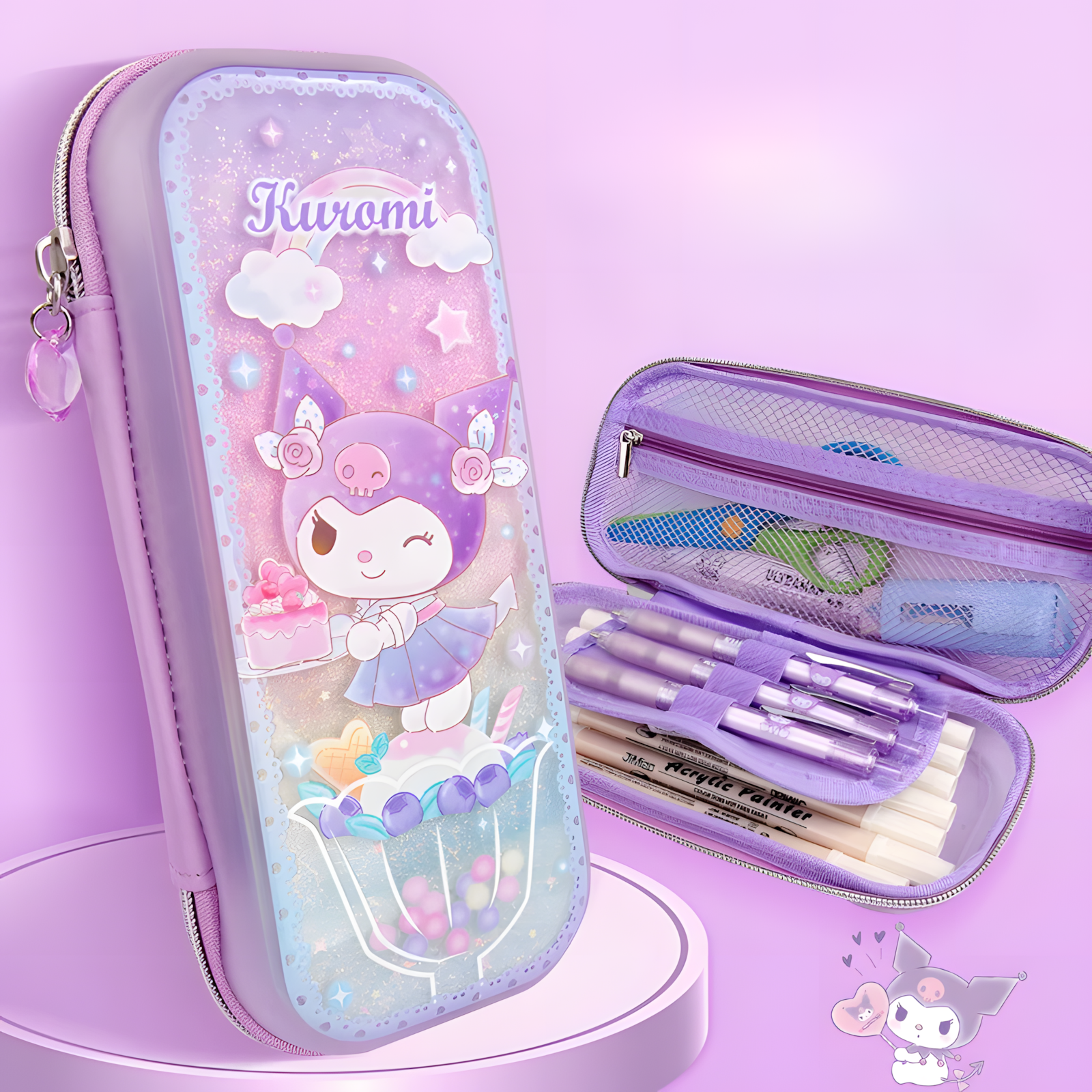 Пенал полупрозрачный с блестками, три отделения, 102529 Kuromi, сиреневый