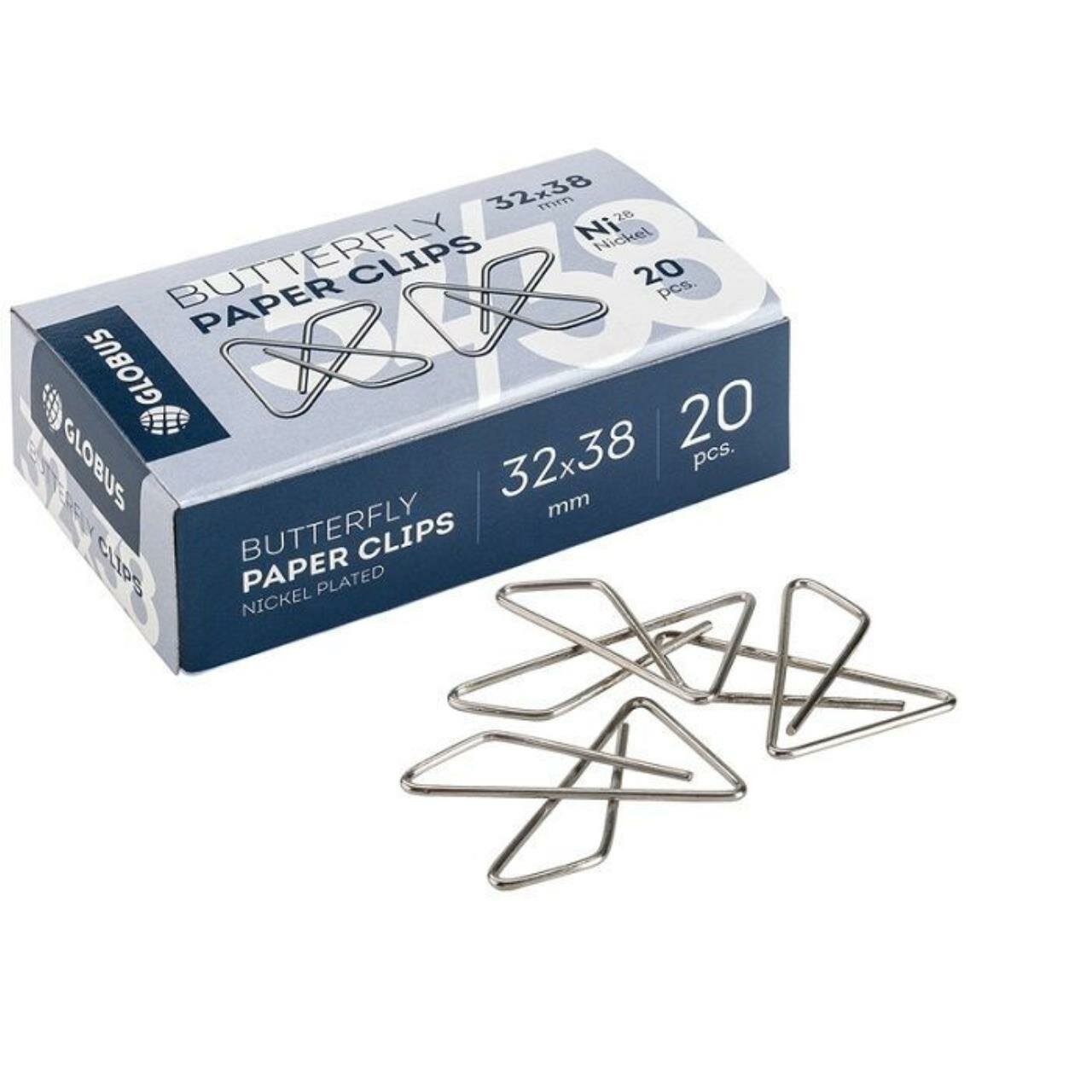 Скрепки глобус 32х38 мм 20 шт, бабочки, никелированные, картонная упаковка