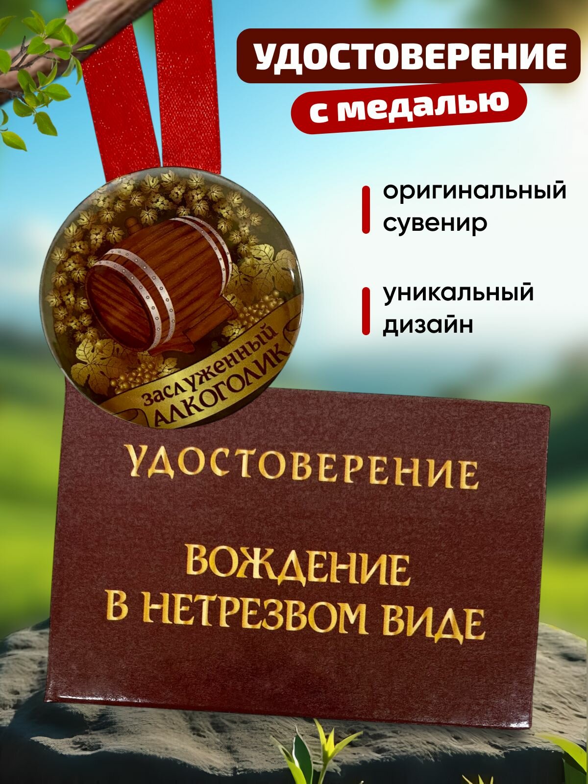 Прикольный набор Удостоверение шуточное "Вождение в нетрезвом виде" + Медаль "Заслуженный Алкоголик", подарок другу, мужу, коллеге